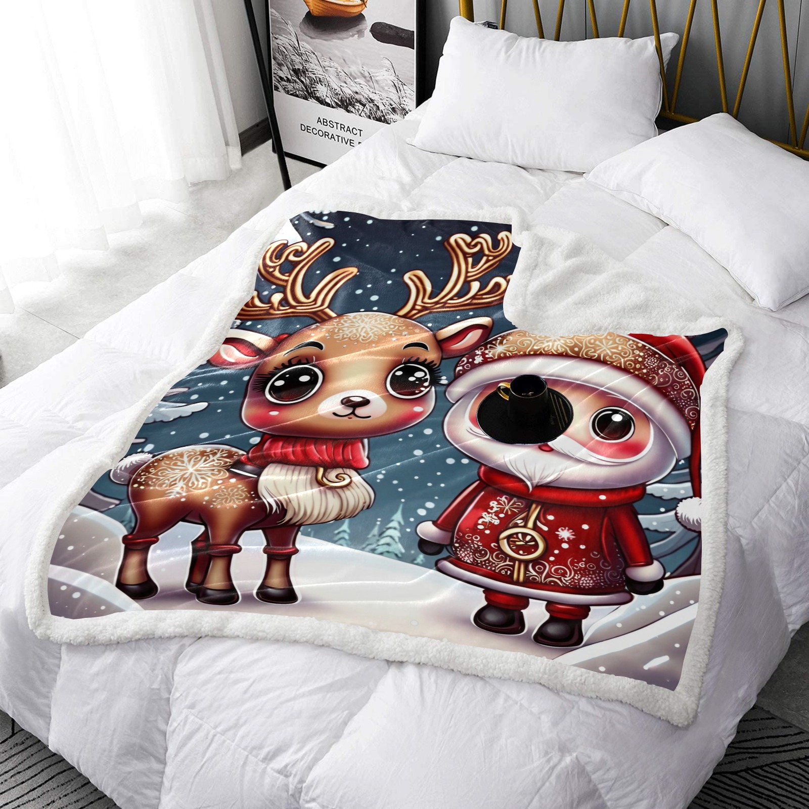 Santa and Reindeer Double Layer Short Plush Blanket 50"x60" | ID: D6893811