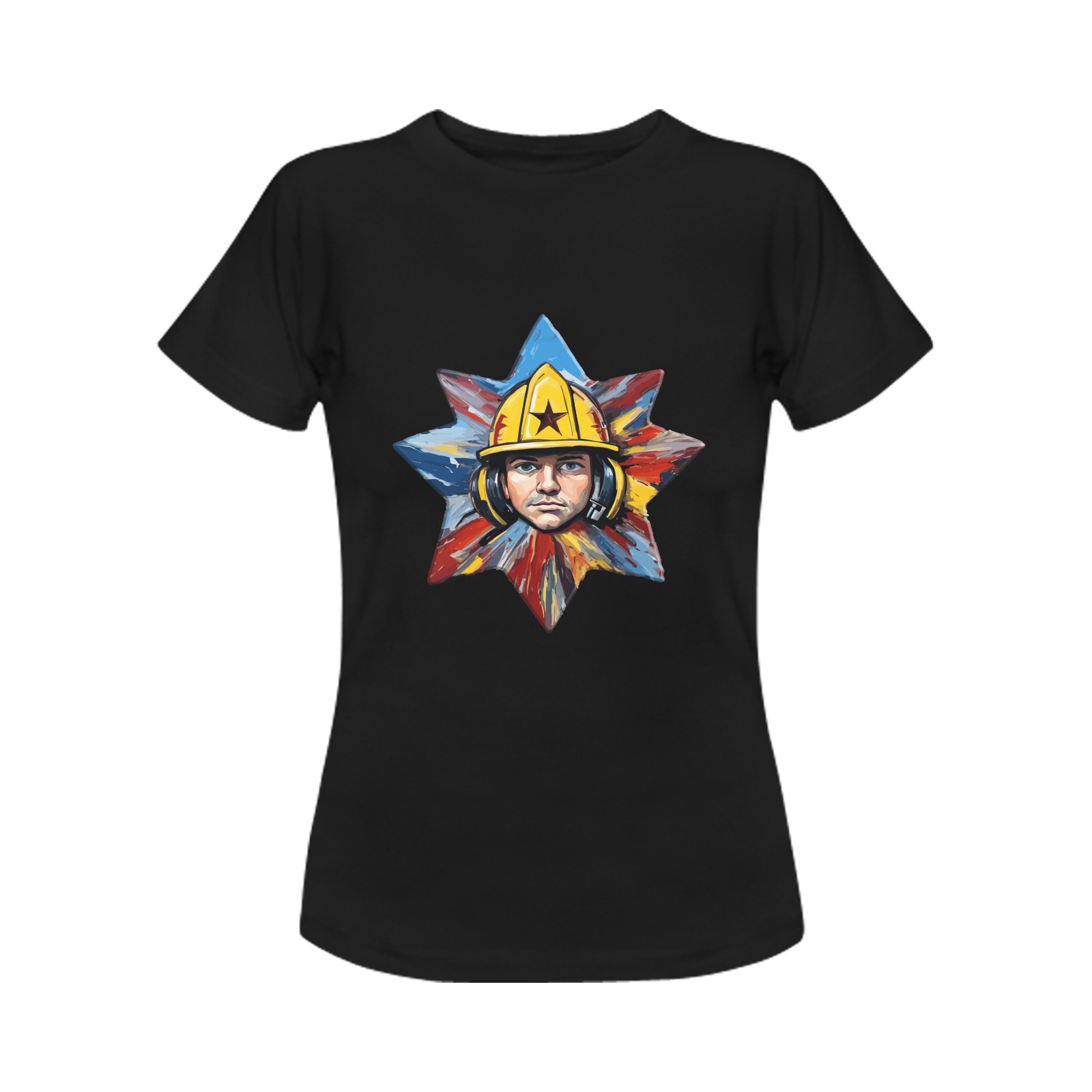 Firefighter hero portrait and flaming star Women's T-Shirt in USA Size ...