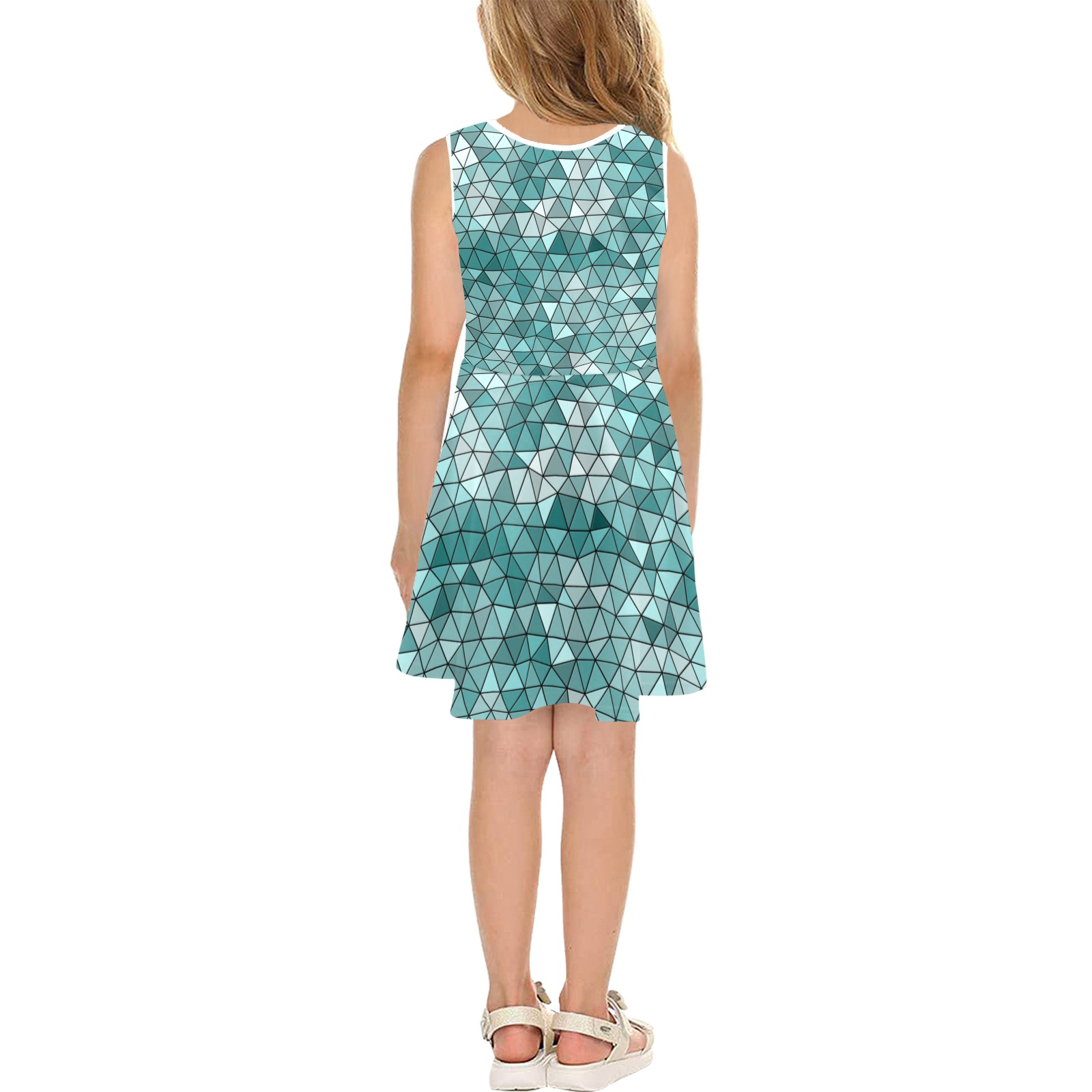 Green/white triangle mosaic sundress Girls' Sleeveless Sundress (Model ...