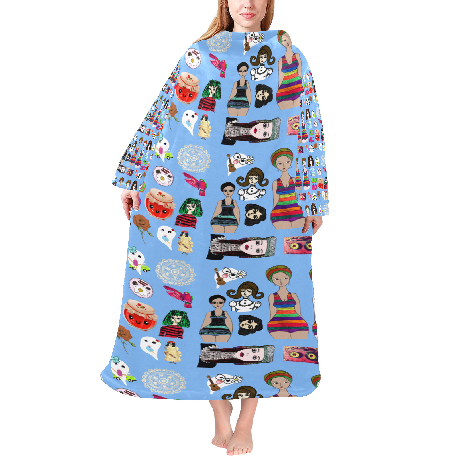 drawing collage blue Blanket Robe with Sleeves for Adults | ID: D6033896