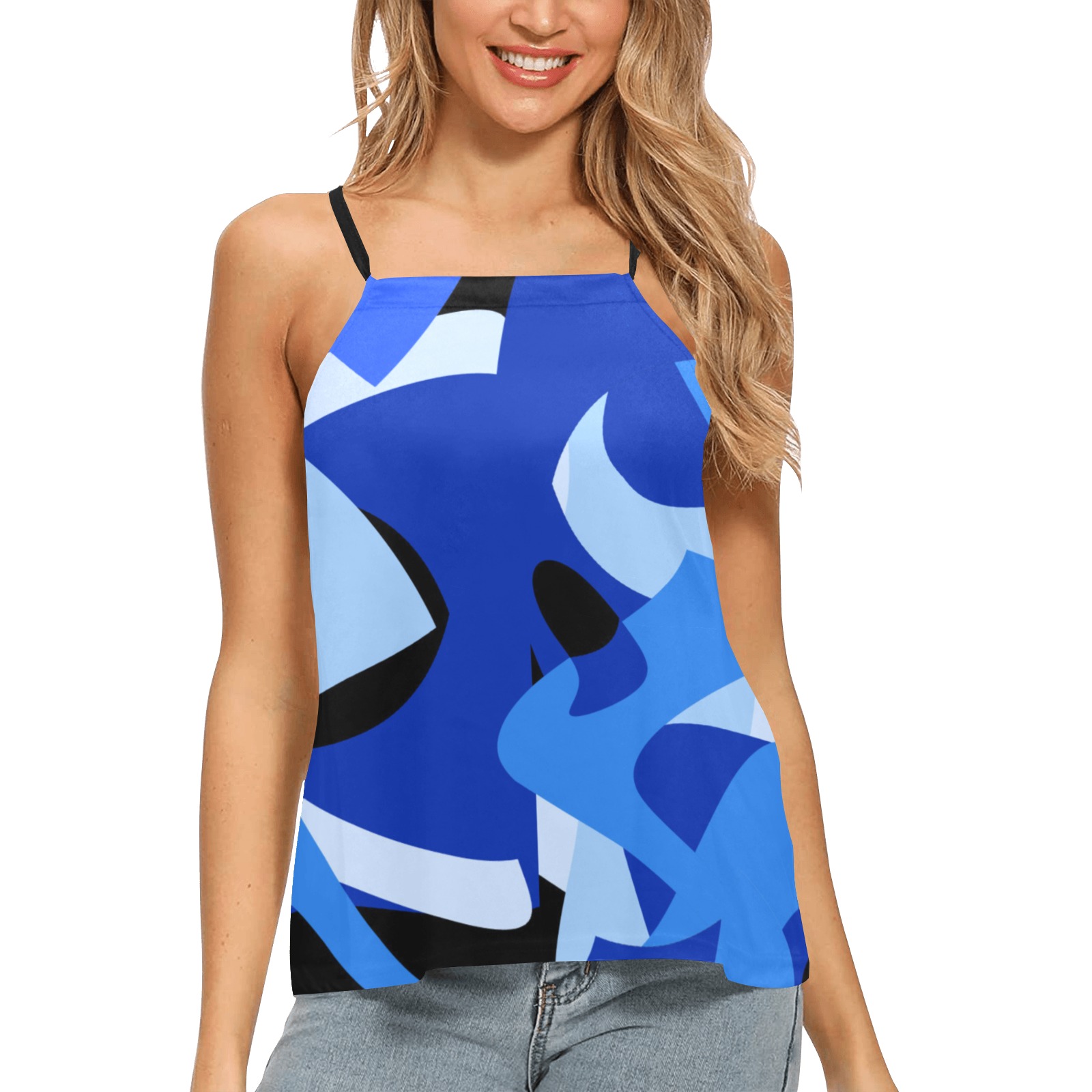 Camouflage Abstract Blue and Black Loose Fit Halter Neck Top (Model T68 ...