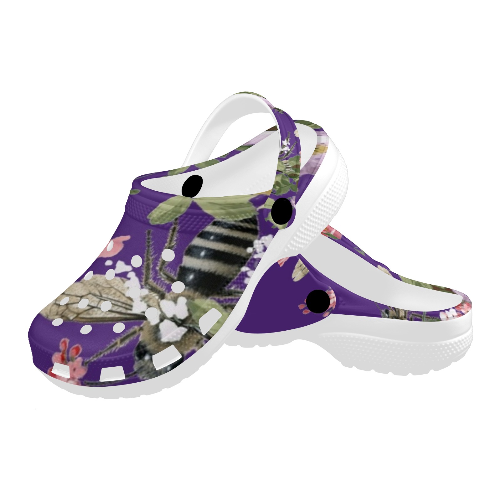 Purple Bees and Flowers Custom Print Foam Clogs for Adults | ID: D6946356