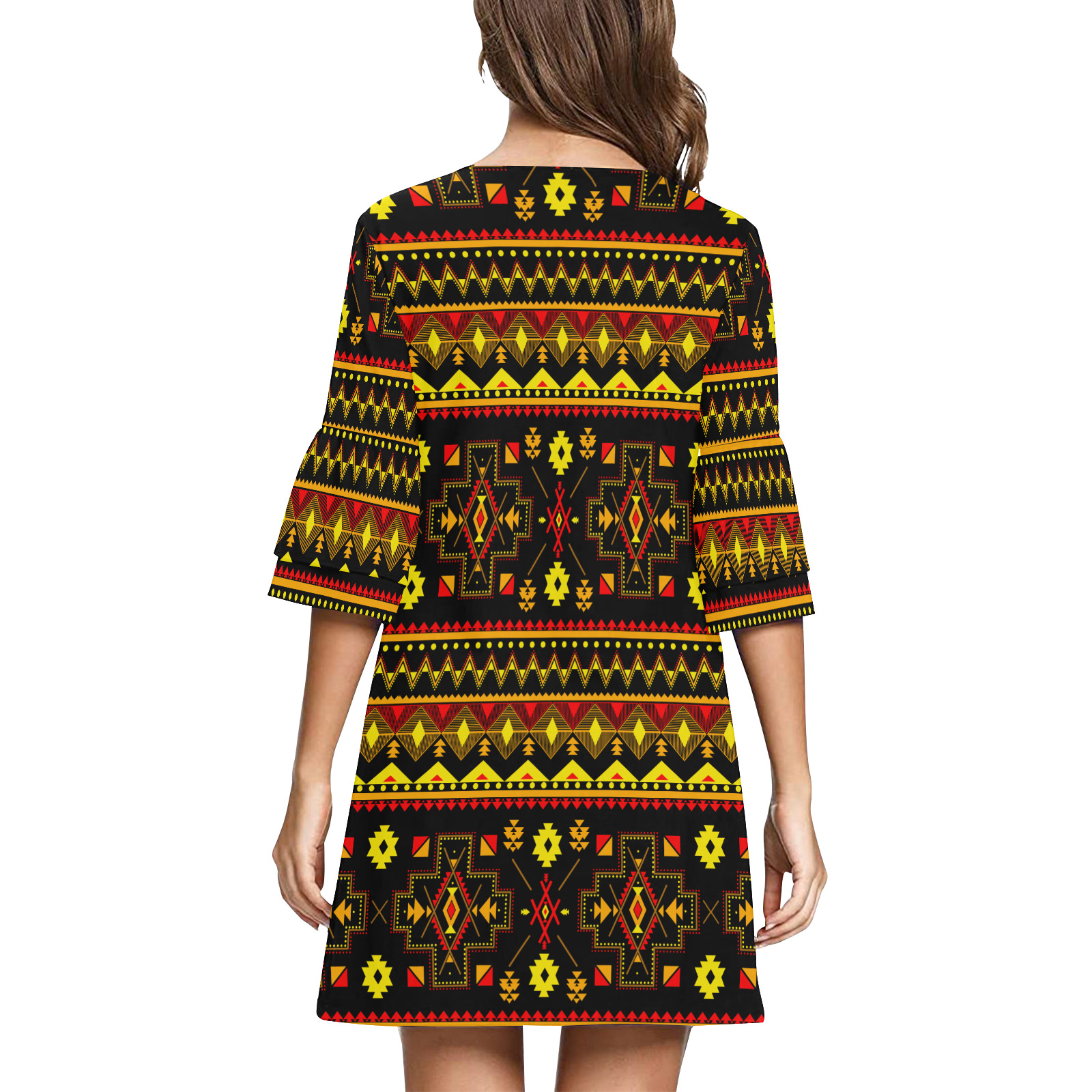 Aboriginal Ethnic Tribal Pattern Half Sleeves V-Neck Mini Dress (Model ...
