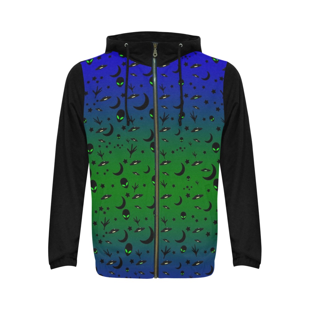 Aliens and Spaceships - Black Sleeves All Over Print Full Zip Hoodie ...