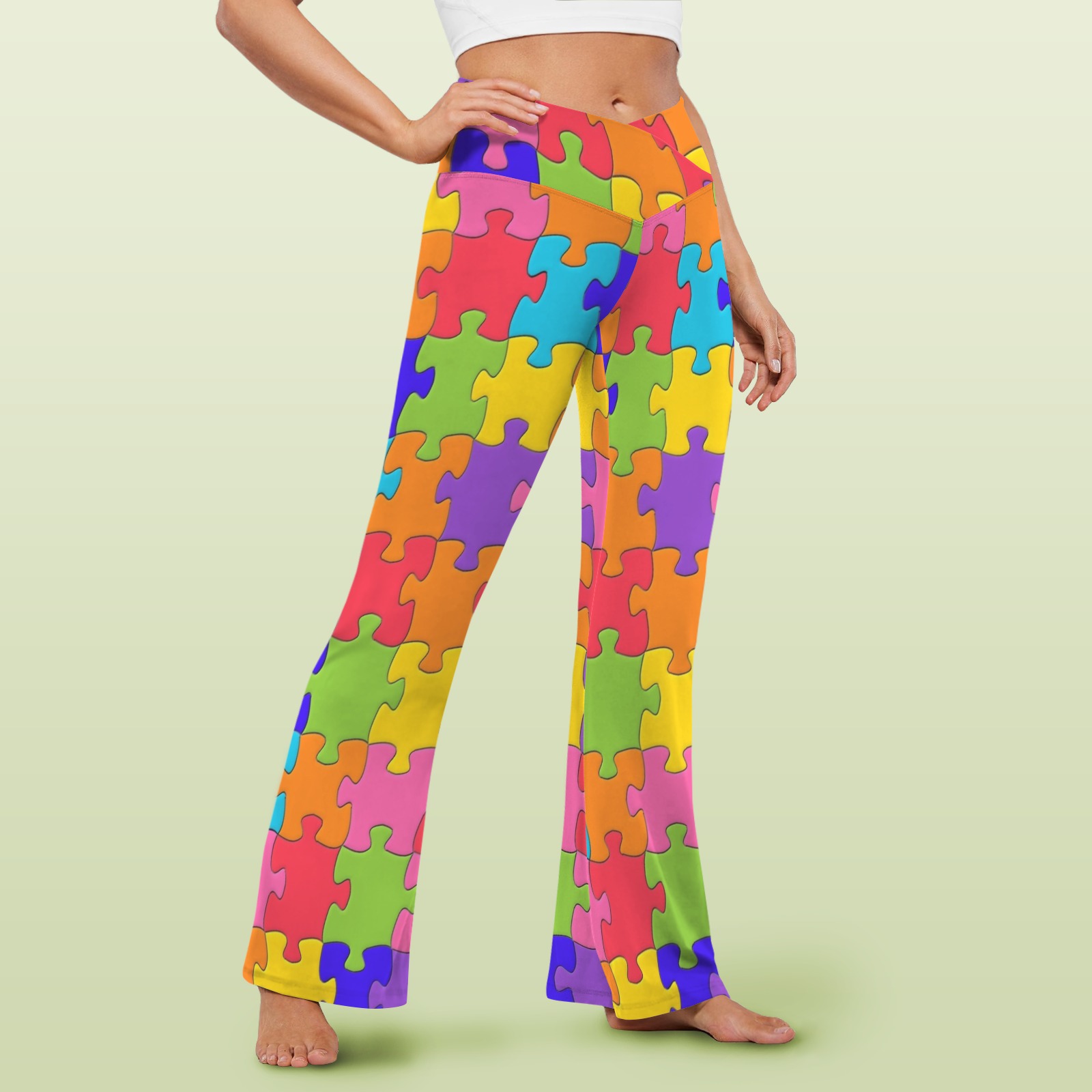 Rainbow Jigsaw Puzzle High Waist Crossover Tummy Control Flare Leggings ...