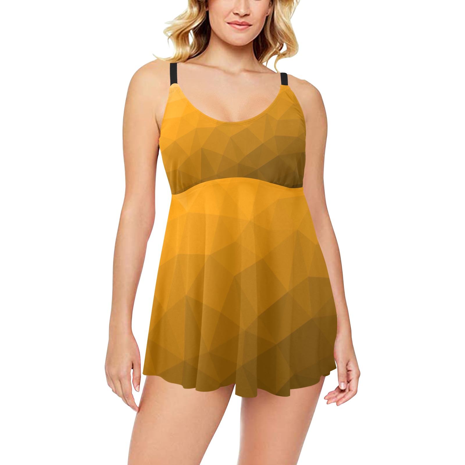 Orange gradient geometric mesh pattern Chest Pleat Swim Dress (Model ...