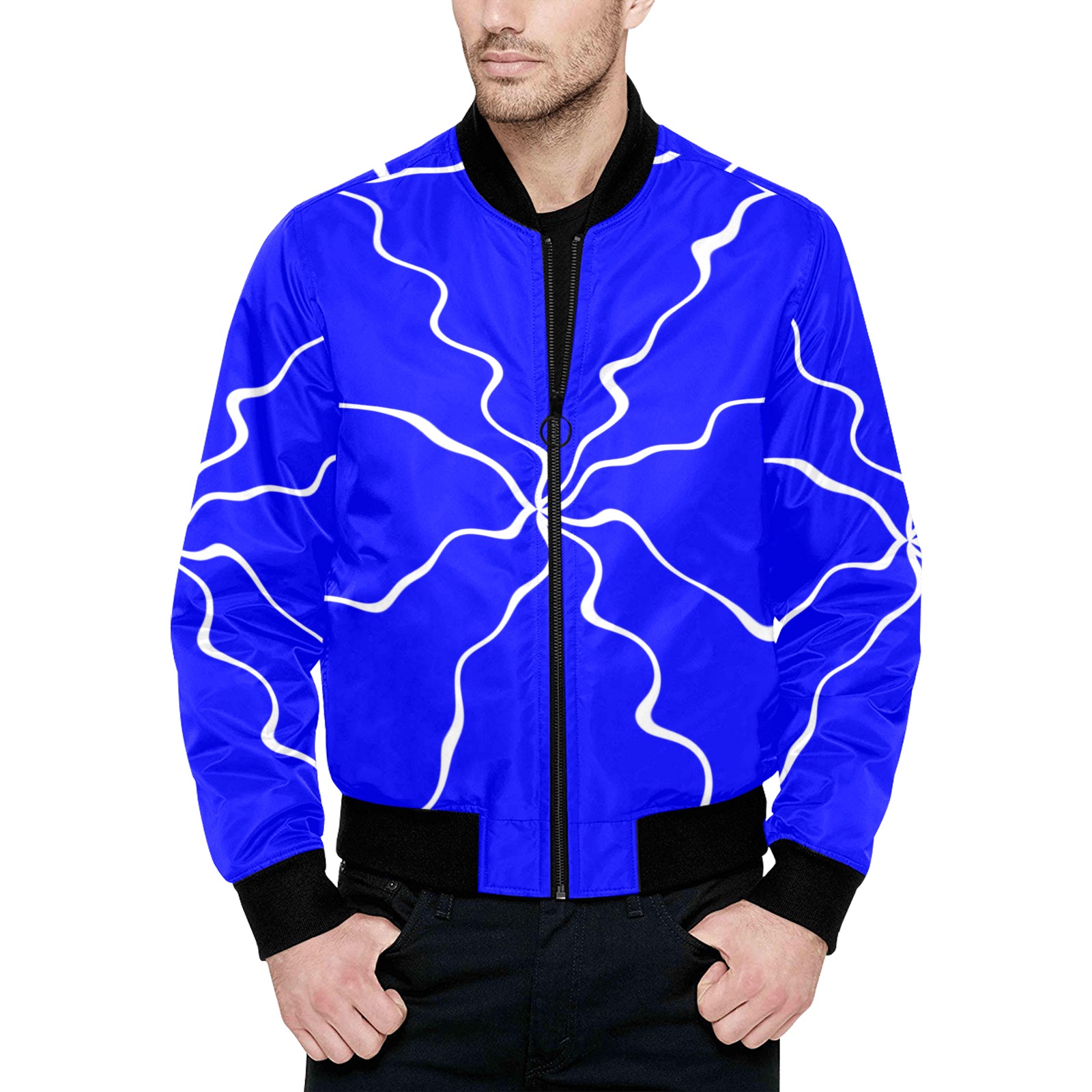 White Interlocking Triangles Noisy blue All Over Print Quilted Bomber ...
