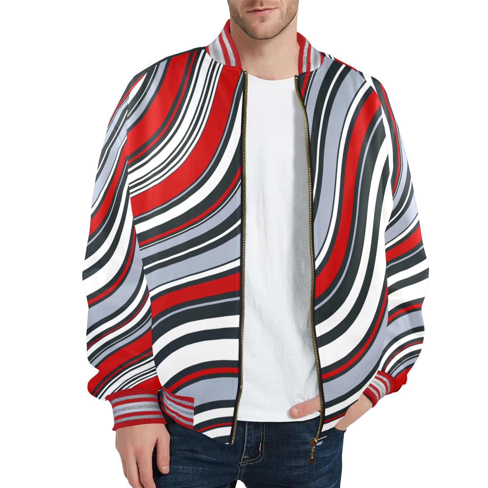 WAVY RED BOMBER JACKET Men's Striped Trim Bomber Jacket (Model H21 ...
