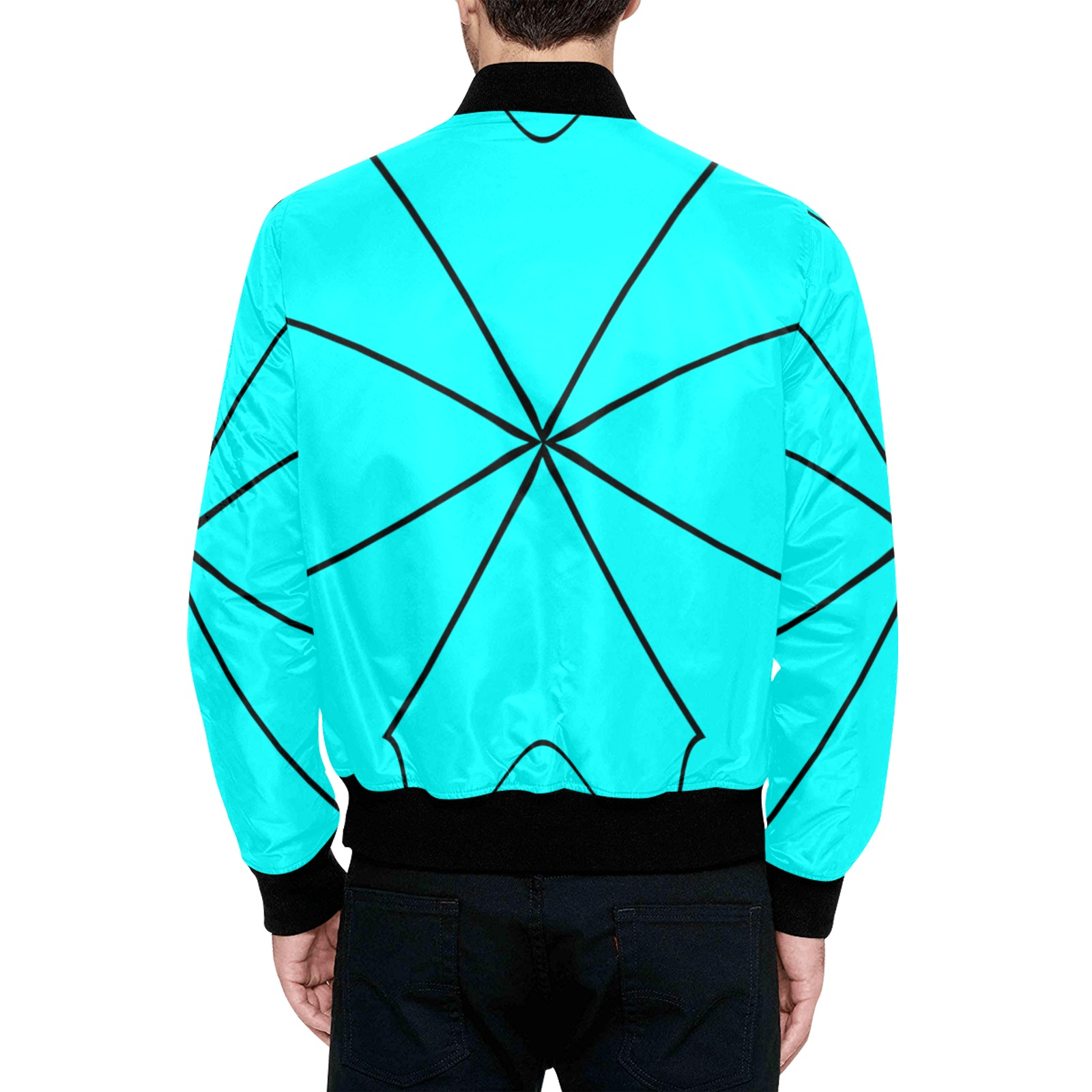Black Interlocking Triangles Starred aqua All Over Print Quilted Bomber ...