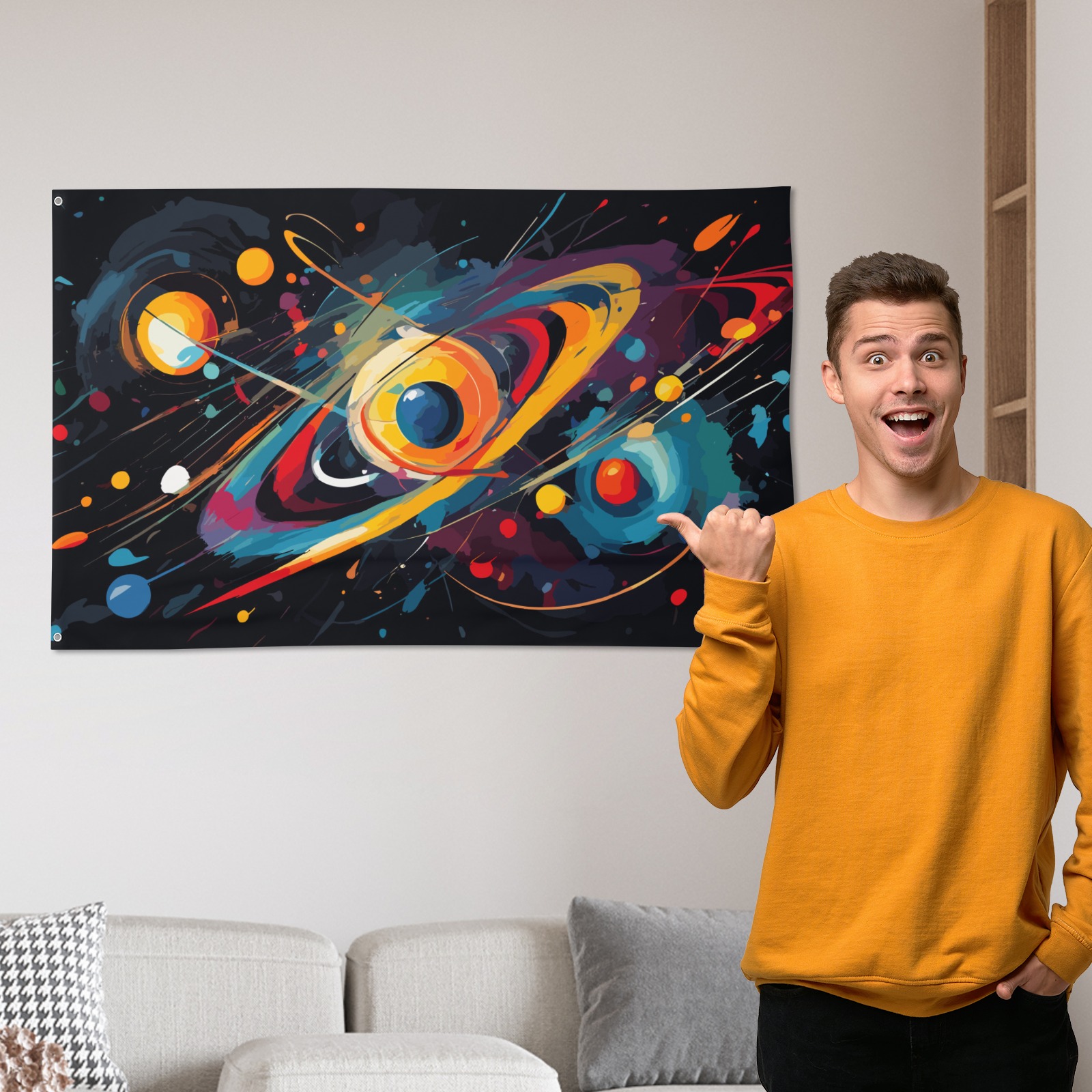 Galactical shapes, planets, stars in black space House Flag 56"x34.5 ...