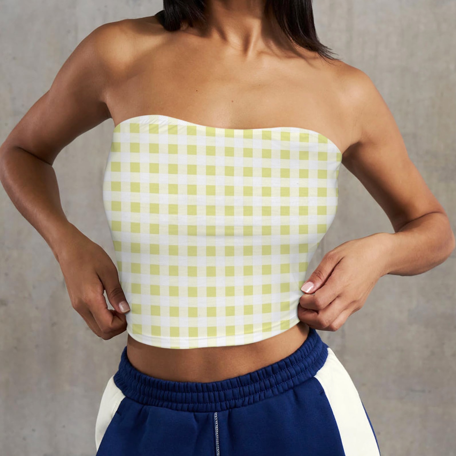 Pale Yellow Gingham Basic Backless Tube Crop Top | ID: D7430597