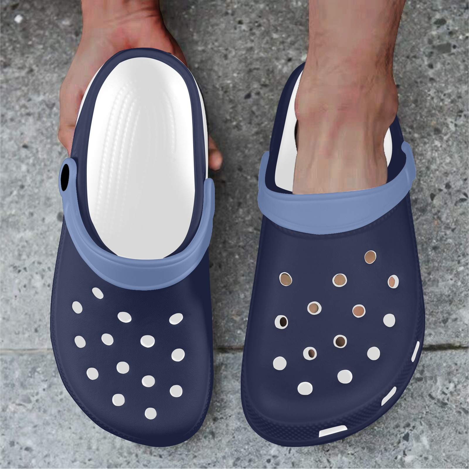 IMG_1388 Two Blue Clogs Custom Print Foam Clogs for Adults | ID: D7021827