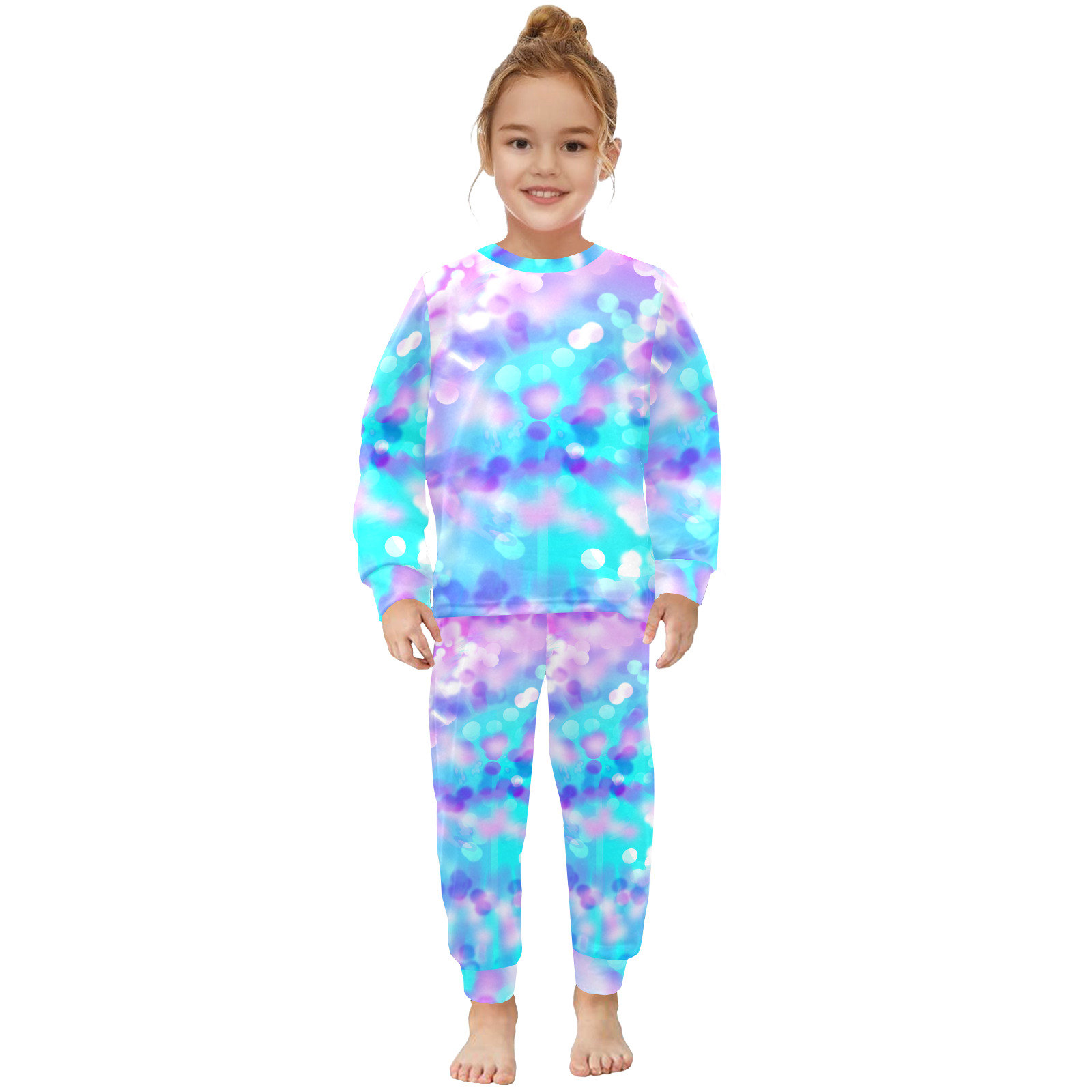 Purple And Blue Bokeh 7518 Little Girls' Crew Neck Long Pajama Set | ID: D7035794