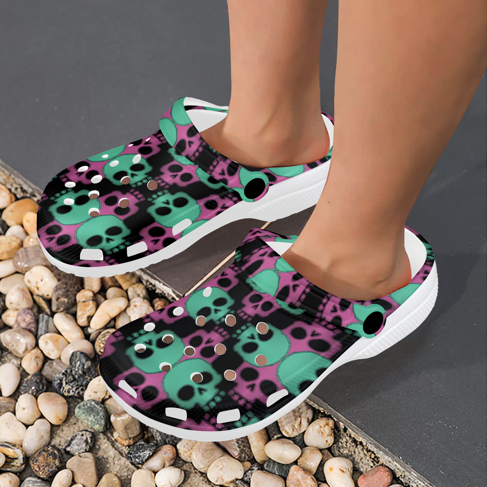 Skull Jigsaw Custom Print Foam Clogs for Adults | ID: D6818520