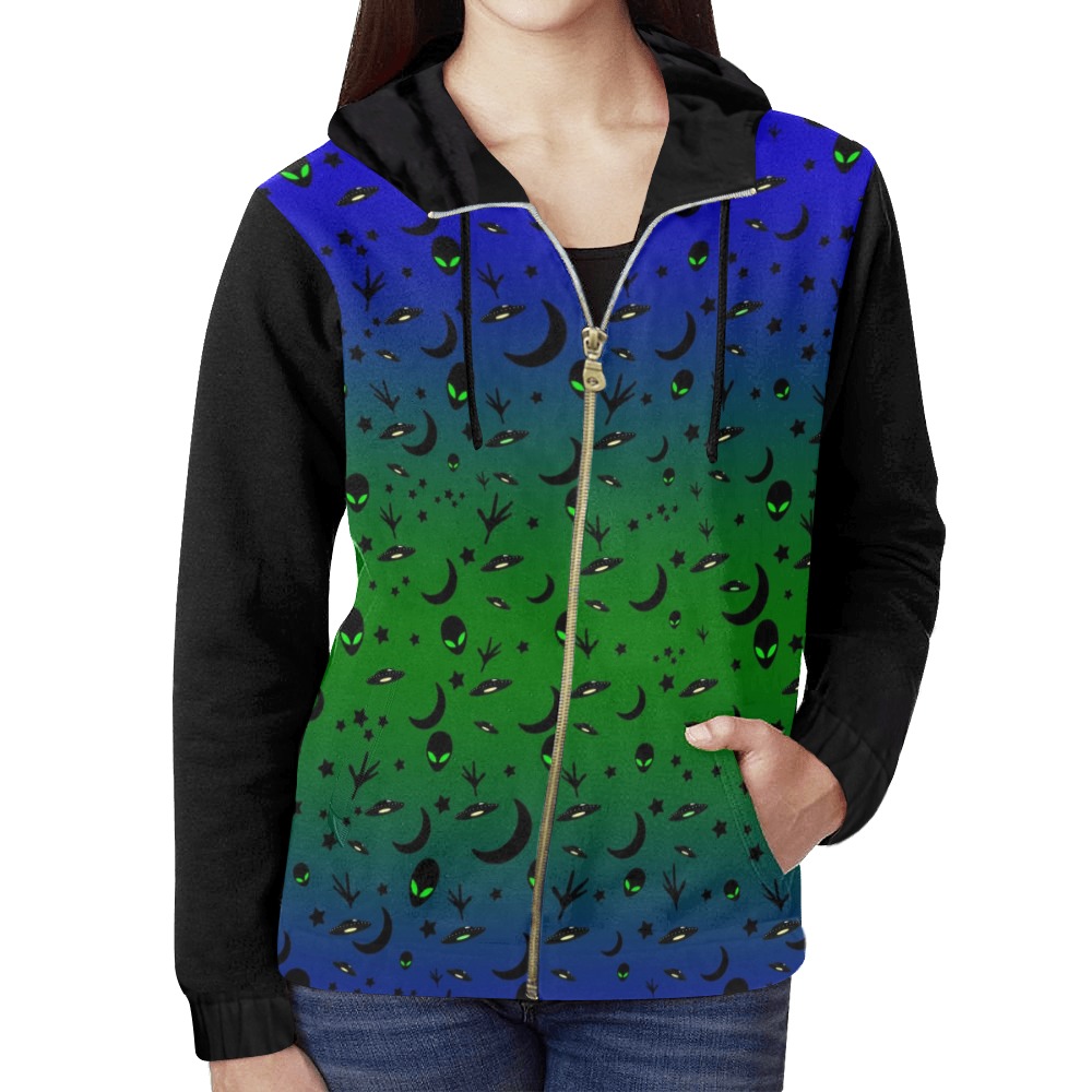 Aliens and Spaceships - Black Sleeves All Over Print Full Zip Hoodie ...