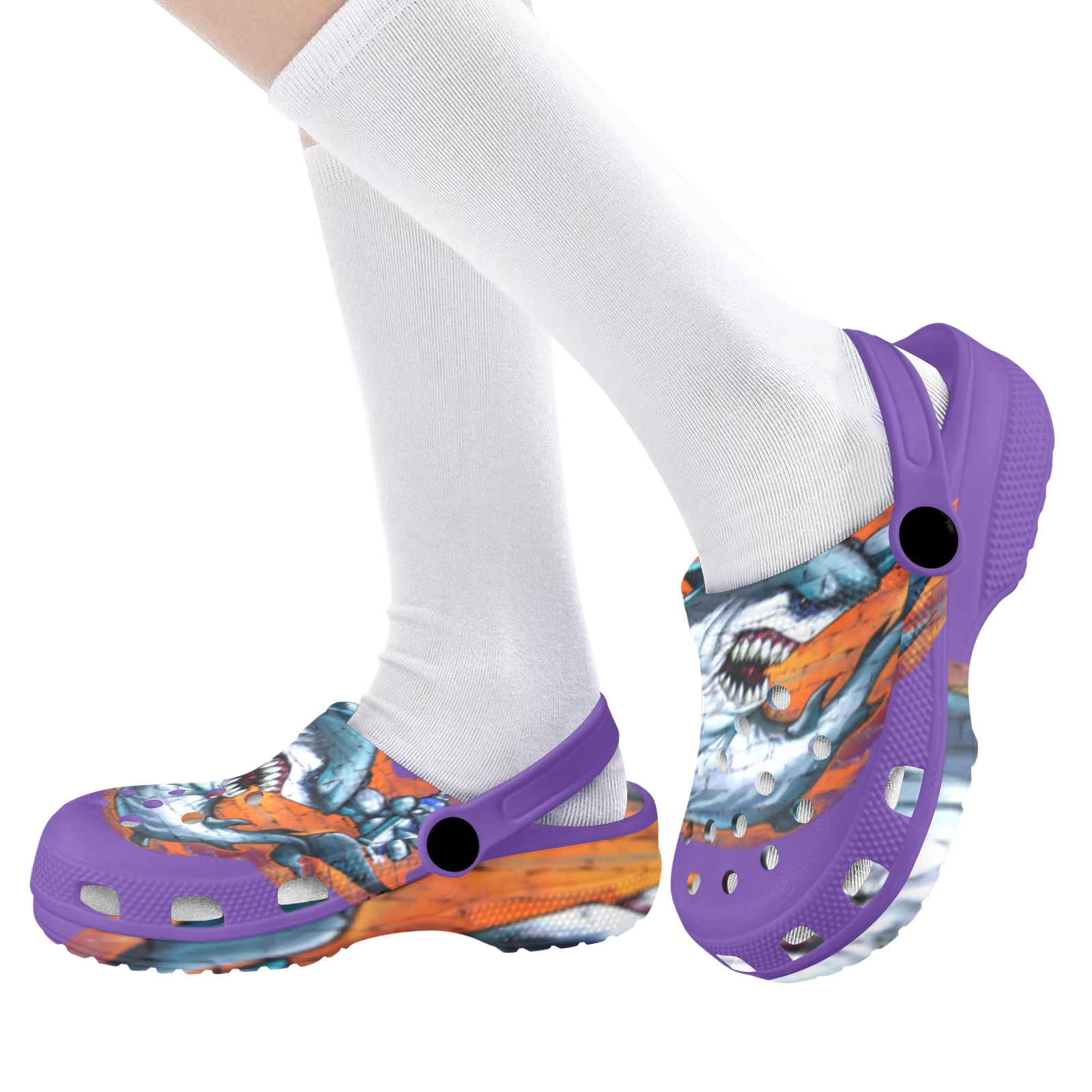 Graffiti Shark - Purple Custom Print Foam Clogs for Kids | ID: D7061797