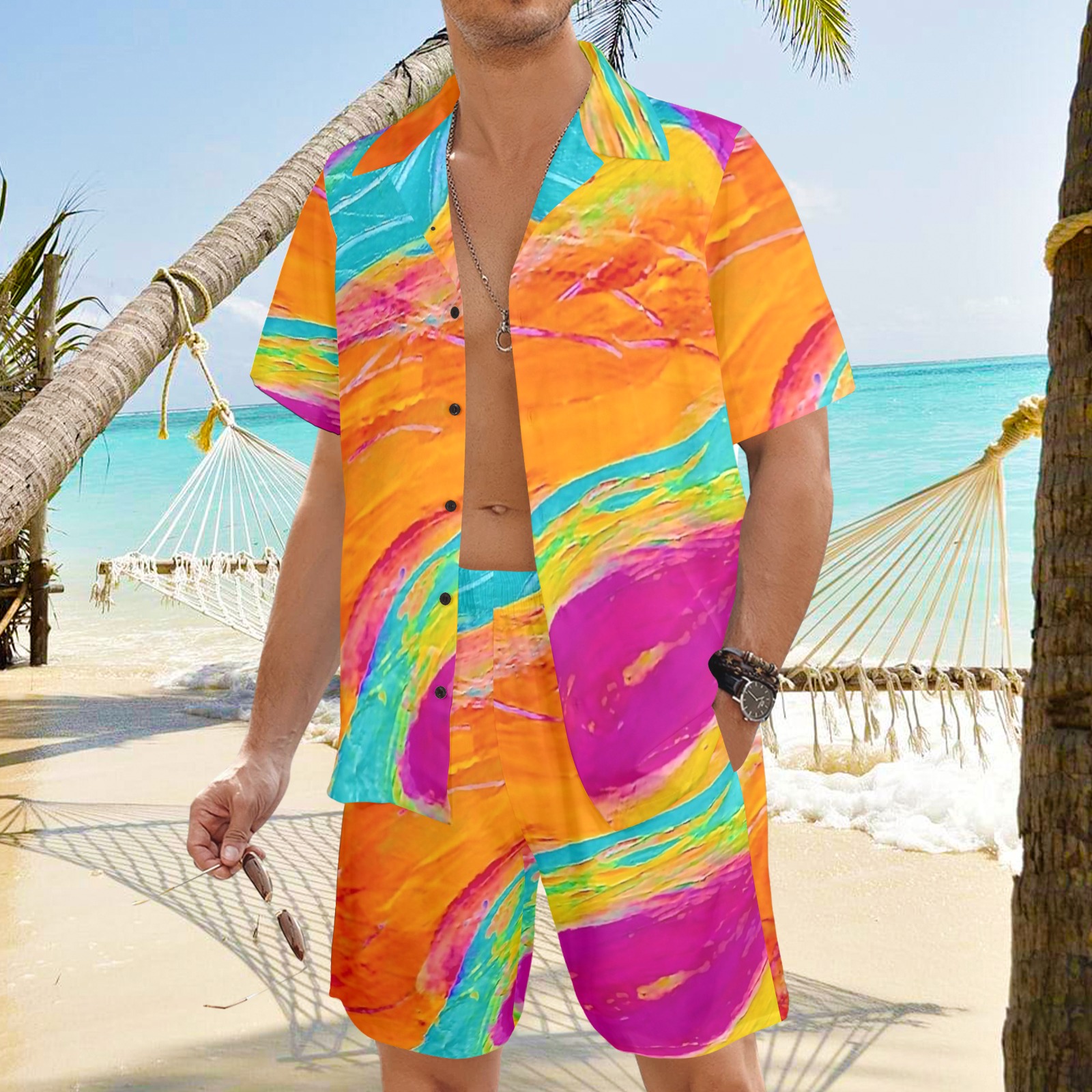 Pink Fish Collection Men's Shirt and Shorts Outfit (Set26) | ID: D7051330