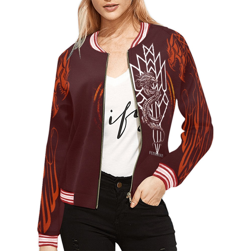 White Rune Dragon All Over Print Bomber Jacket for Women (Model H21 ...
