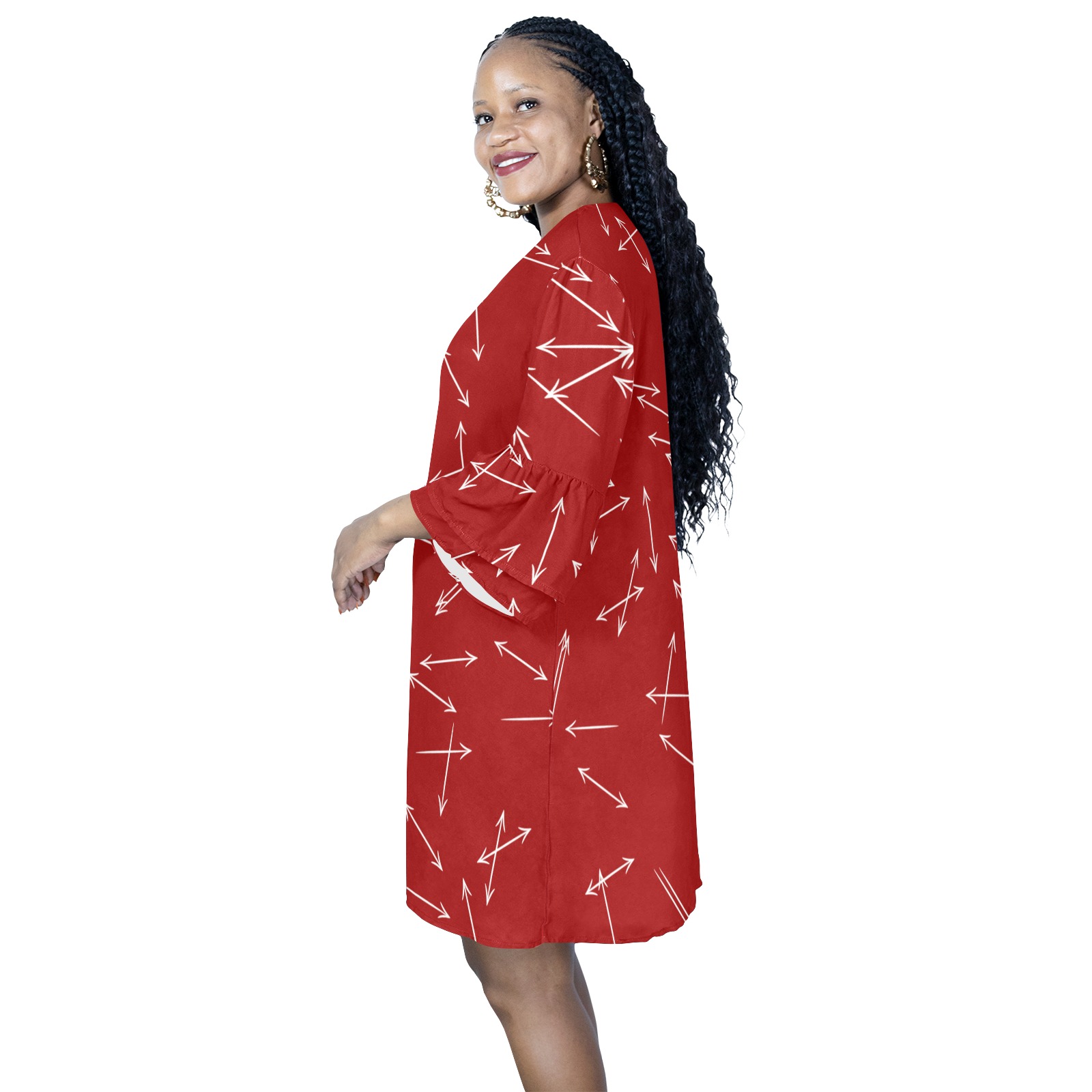 Arrows Every Direction White/Red Half Sleeves V-Neck Mini Dress (Model ...