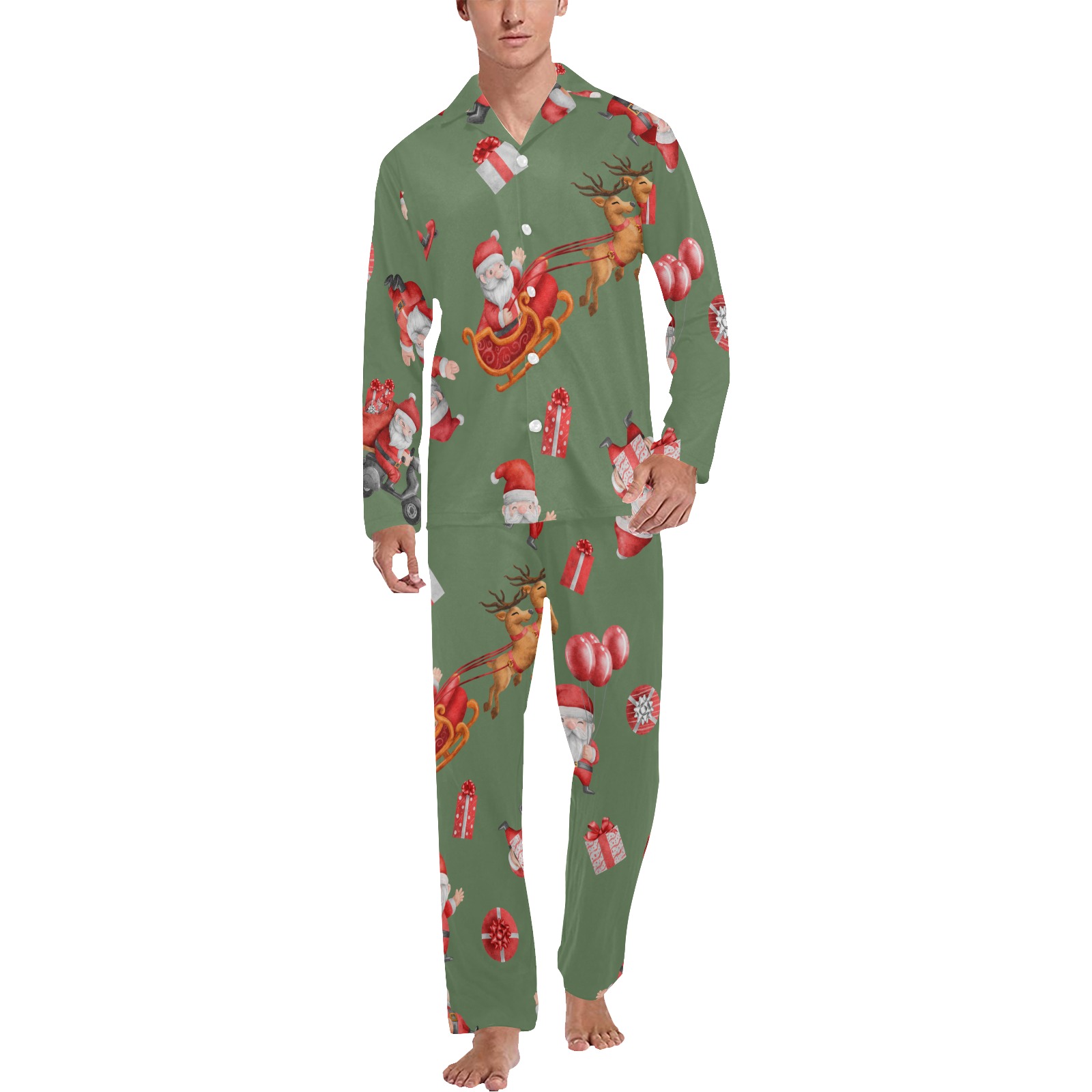 Men's Long Pajama Set Santa Christmas Green Men's V-Neck Long Pajama ...