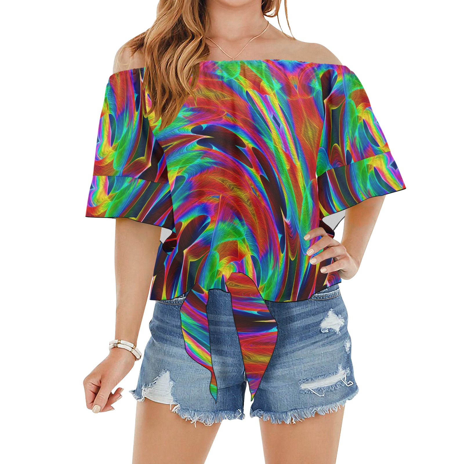 Spiral Splash Off Shoulder Knot Front Blouse (Model T71) | ID: D6605102