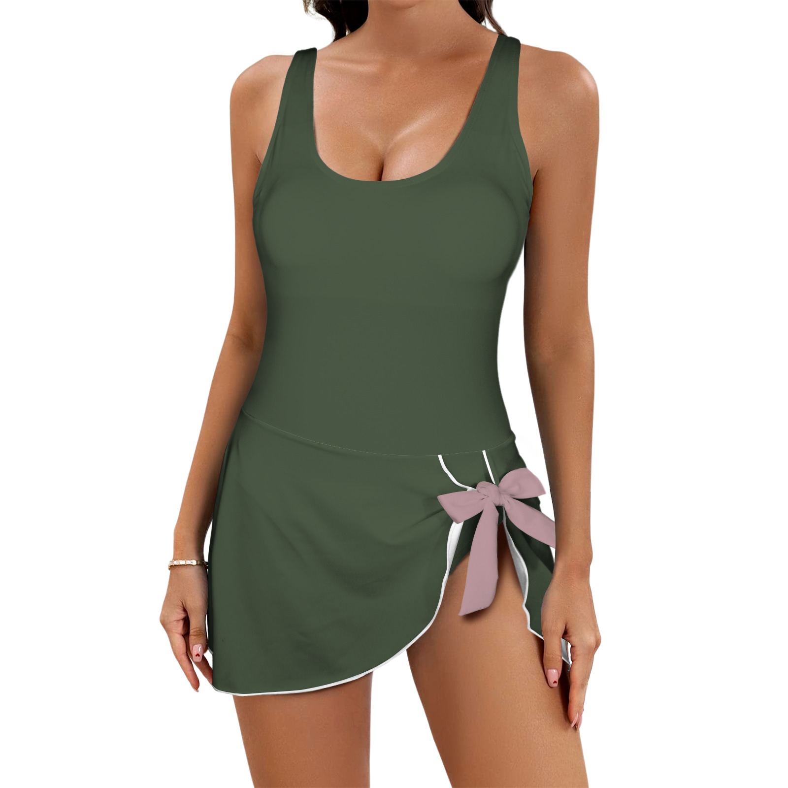 dark green solid color with purple accent Women's One Piece Skirted Swimsuit (Model S54) | ID ...