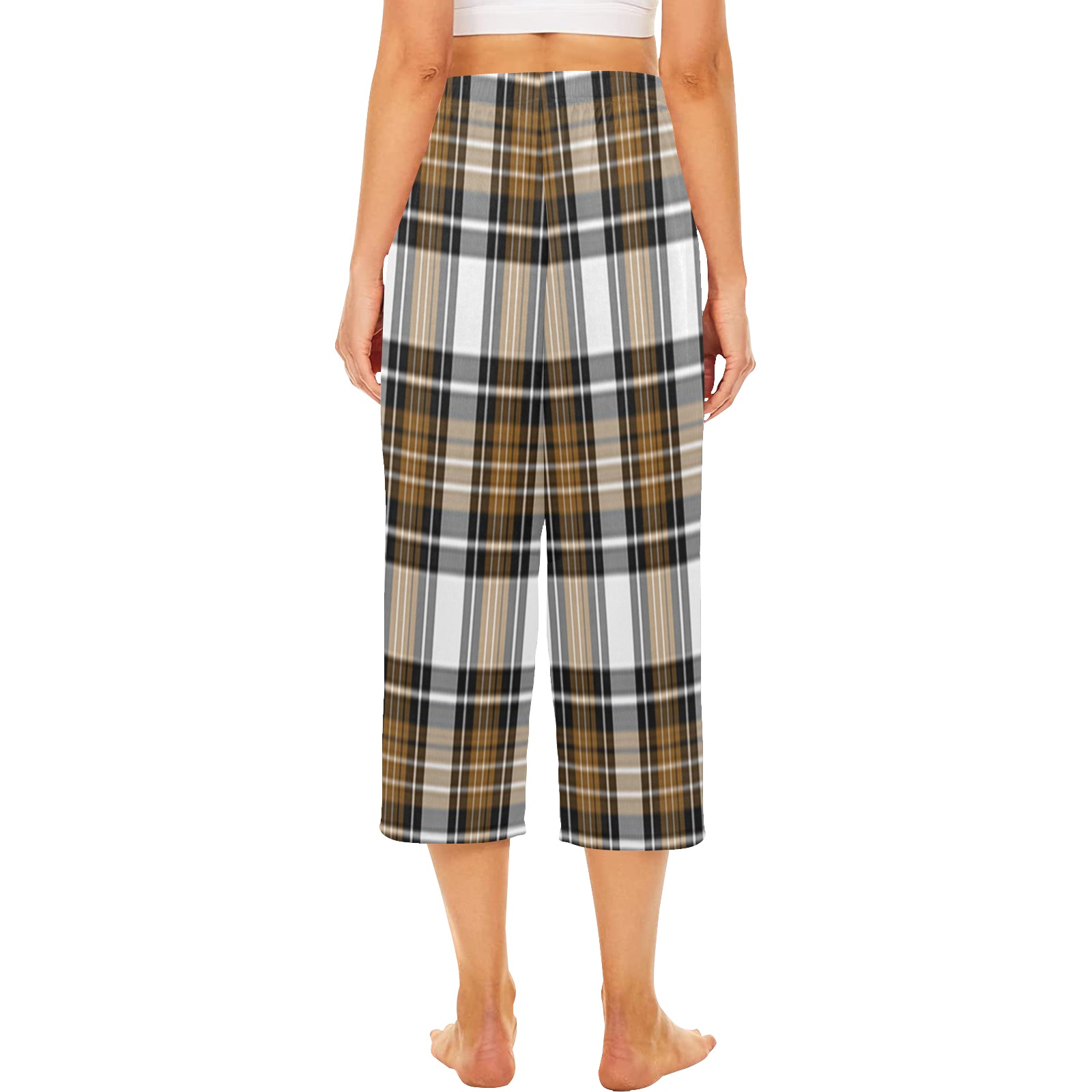 Brown Black Plaid Cropped Pajama Pants (Model L66) | ID: D6429095