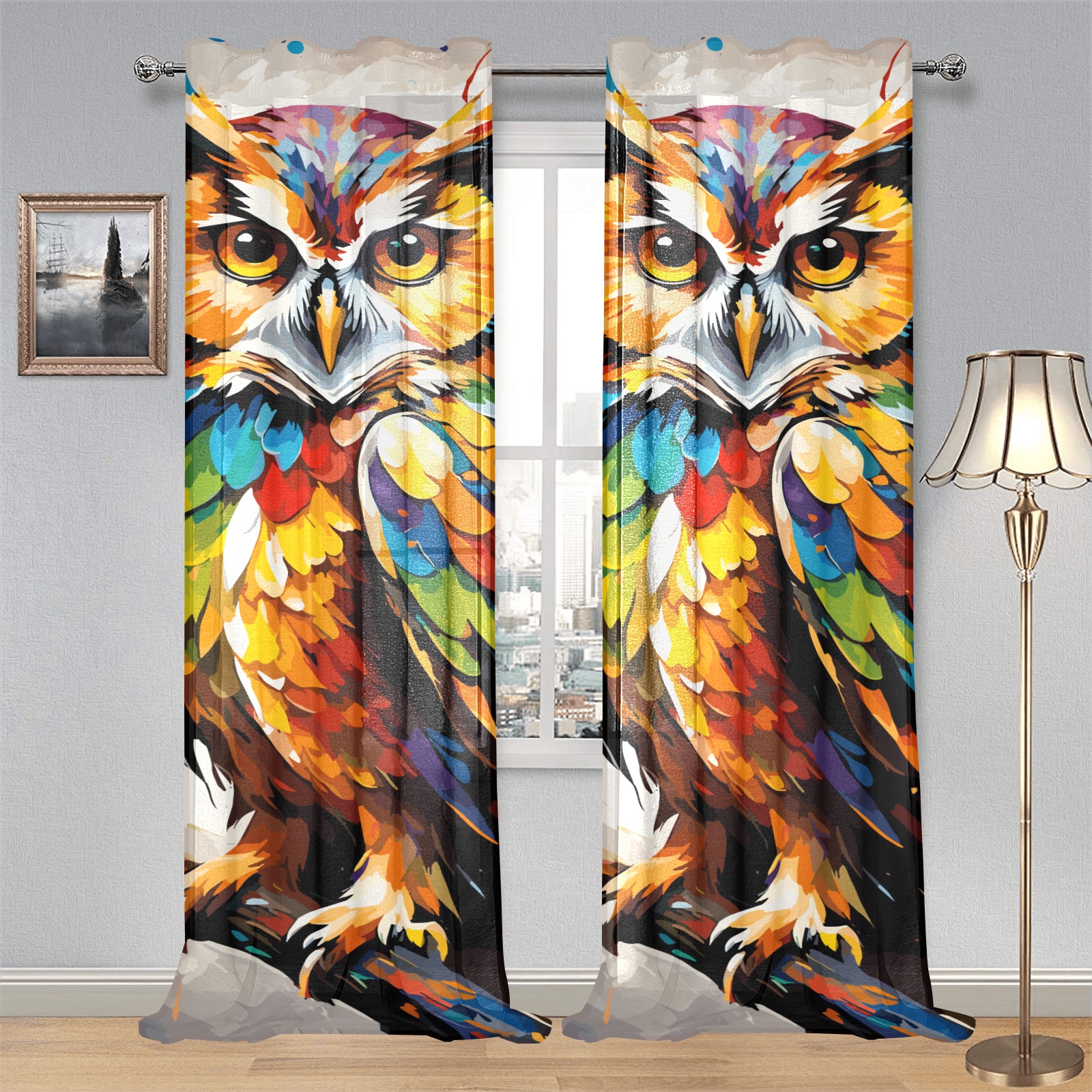 Beautiful owl bird. Stylish colorful fantasy art Gauze Curtain 28"x95 ...