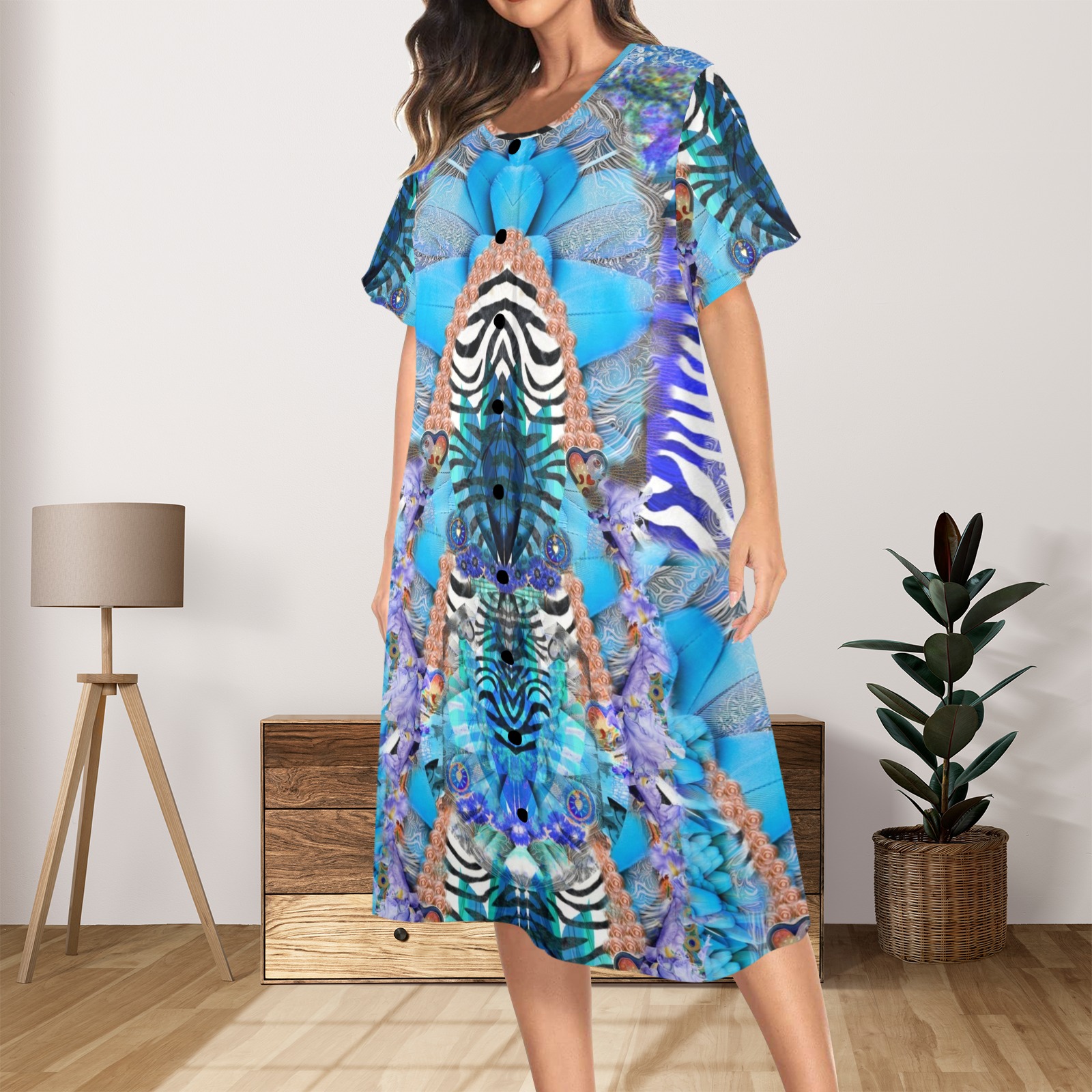 design 2-blue wild 3 Women's Button Front House Dress | ID: D6848323