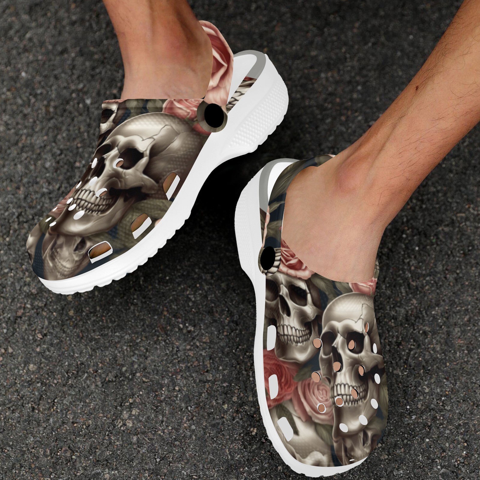 IMG_2405 Skull and Pink Roses Custom Print Foam Clogs for Adults | ID ...
