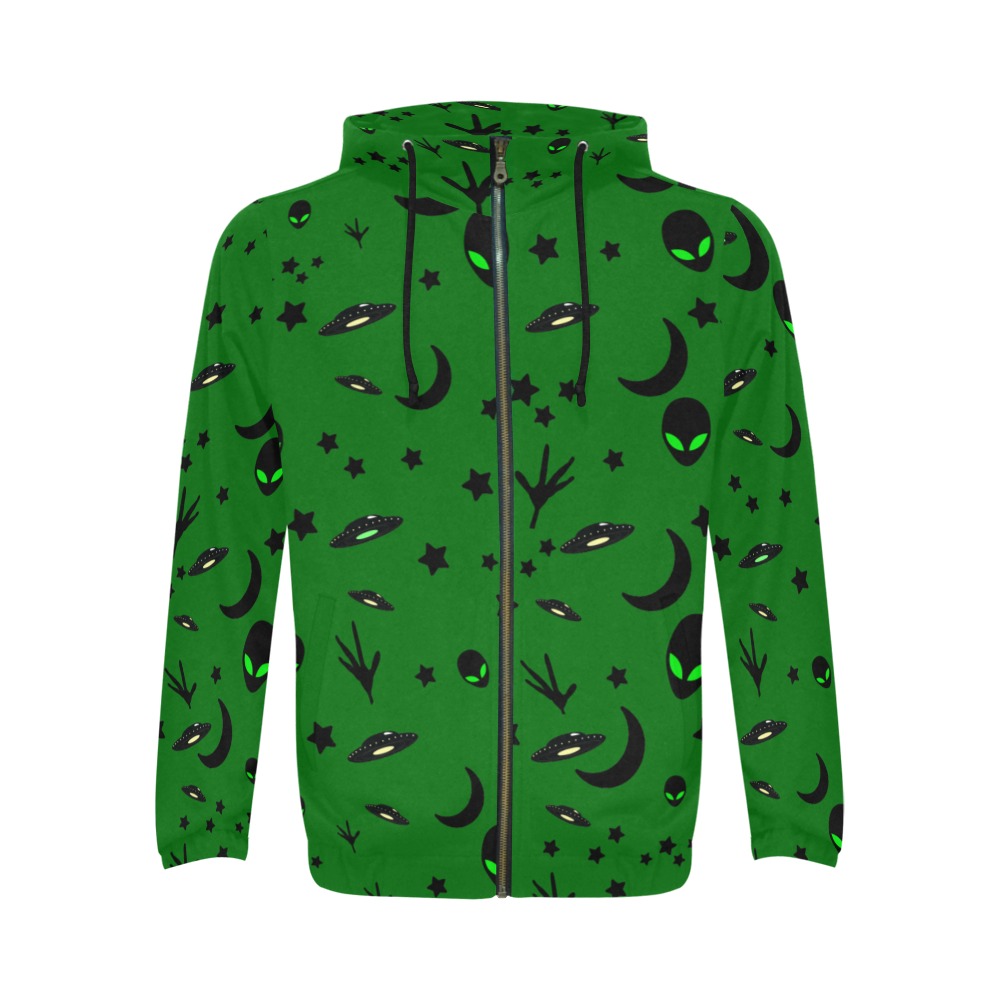 Aliens and Spaceships - Green All Over Print Full Zip Hoodie for Men ...