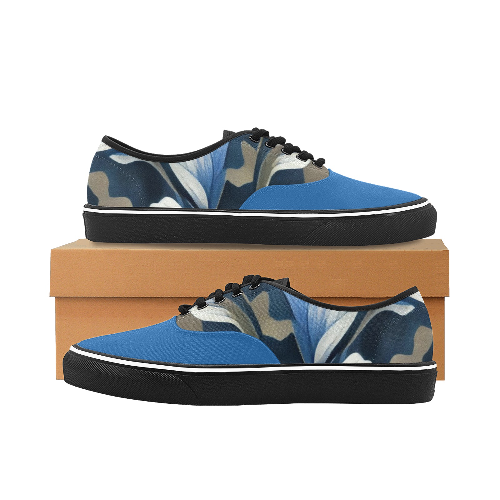 blue and white pattern 3 Classic Women's Canvas Low Top Shoes (Model E001-4) | ID: D6475883