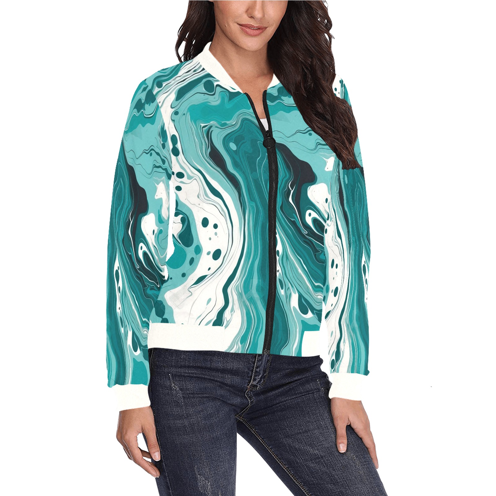 Marble-fluid-blue-abs 02 All Over Print Bomber Jacket for Women (Model ...