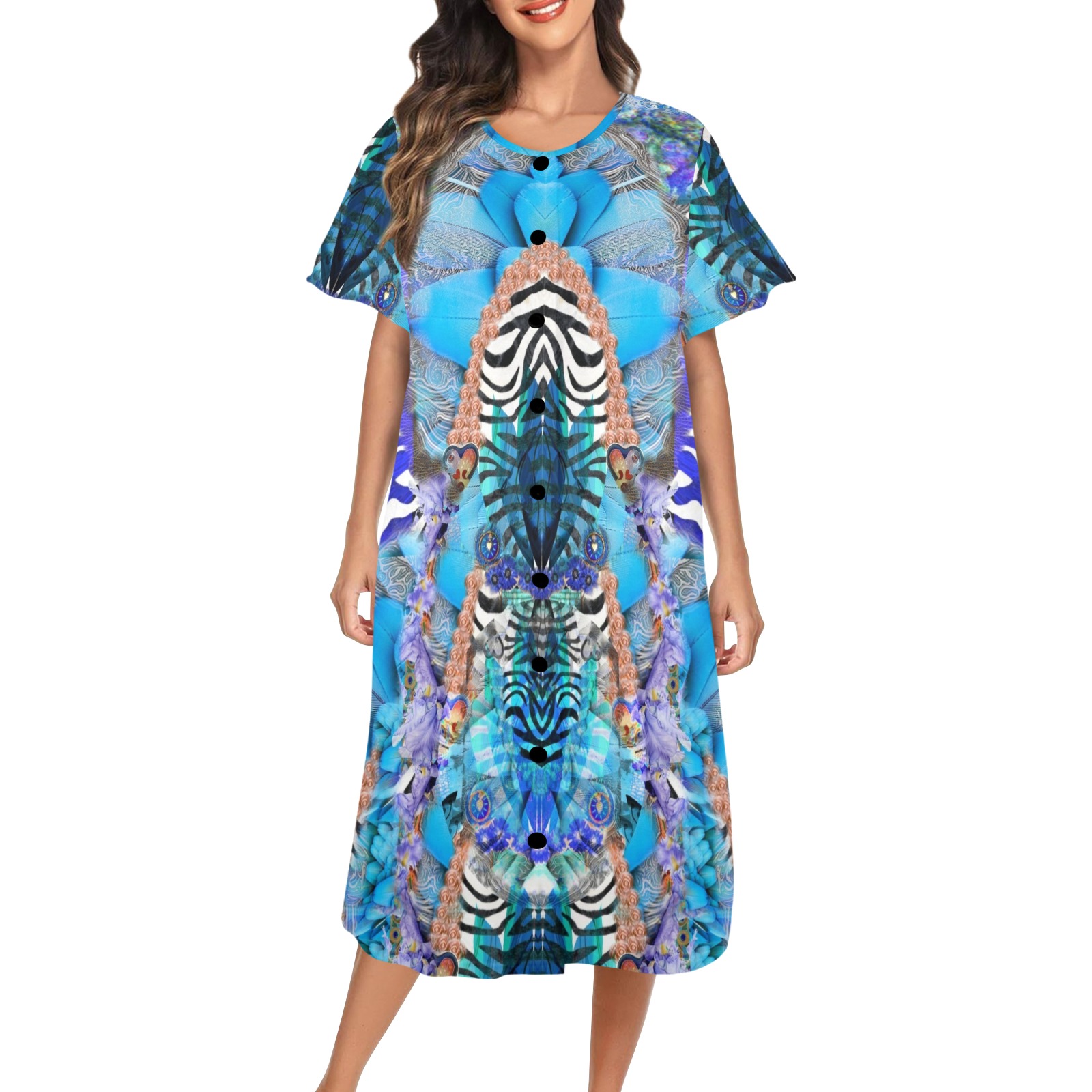 design 2-blue wild 3 Women's Button Front House Dress | ID: D6848323