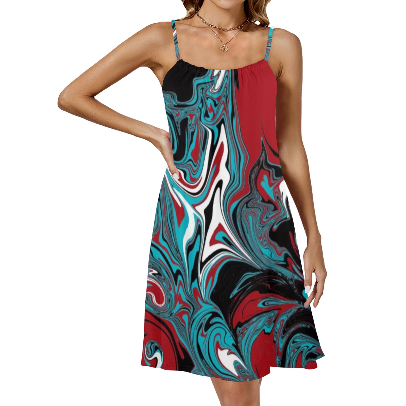 Dark Wave of Colors Drawstring Neck Sleeveless Dress (Model D68) | ID ...