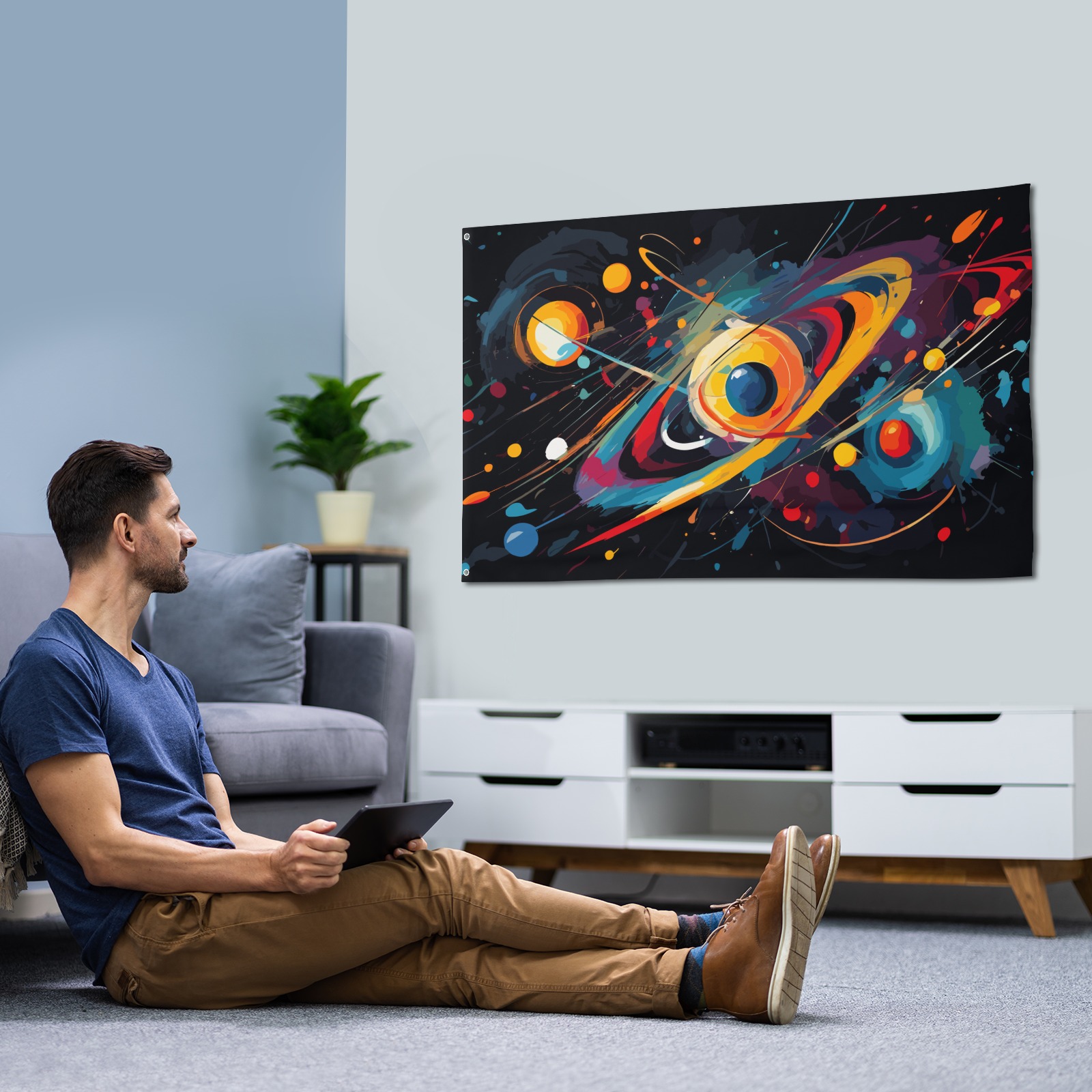 Galactical shapes, planets, stars in black space House Flag 56"x34.5 ...