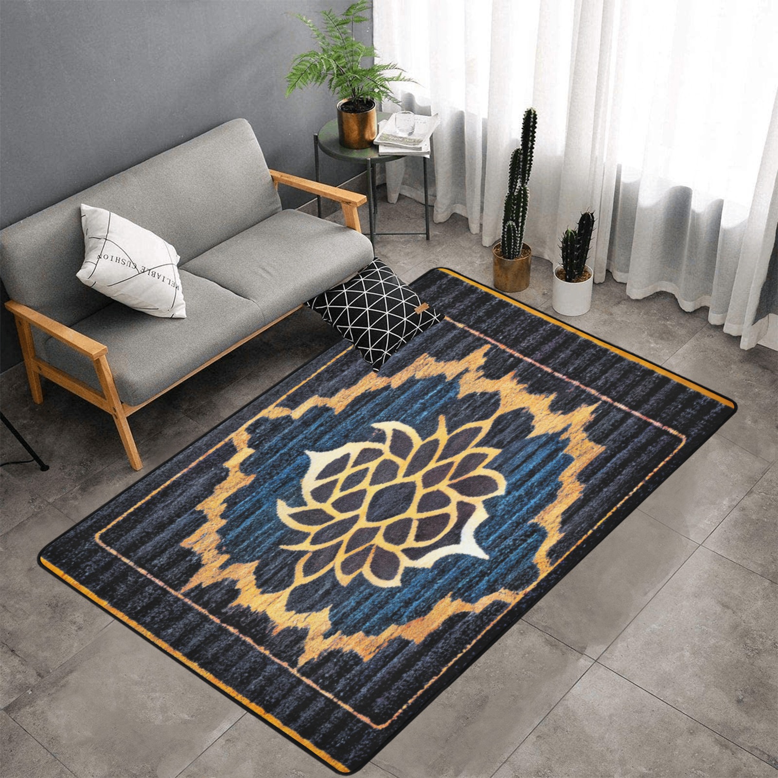 damask pattern, dark blue and yellow Area Rug with Black Binding 7'x5 ...