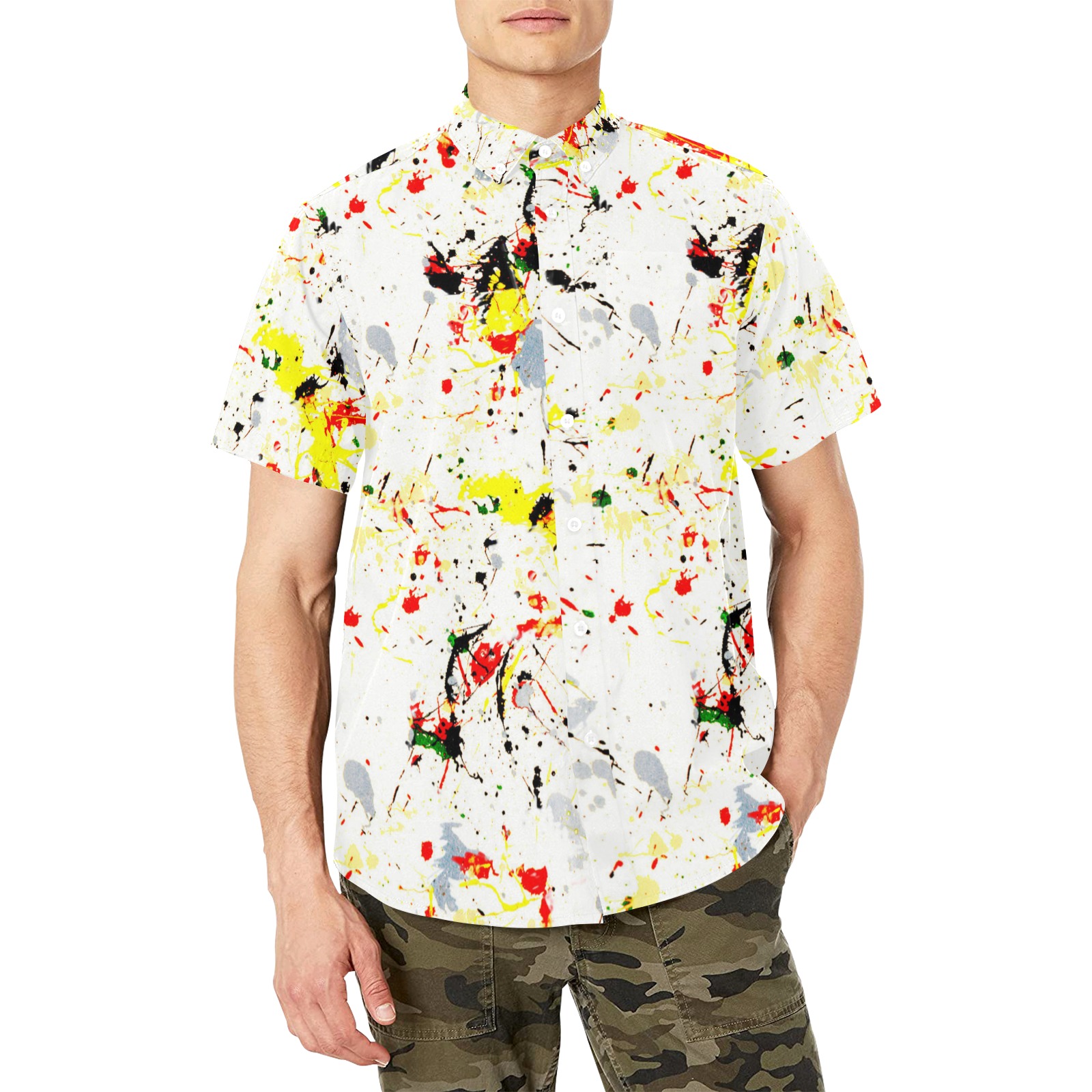 Yellow, Red, Black Paint Splatter Men's Short Sleeve Shirt with Chest ...