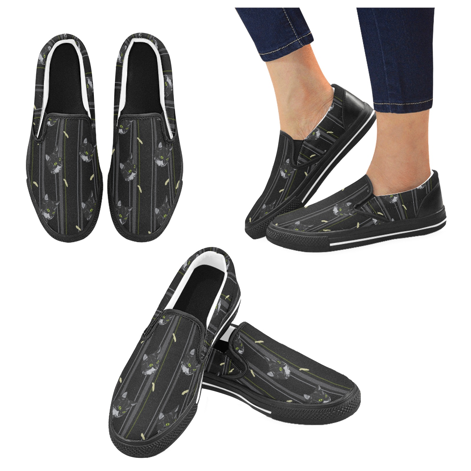 Ichi Man Cat and Cheesy Poofs Stripes Women's Unusual Slip-on Canvas ...