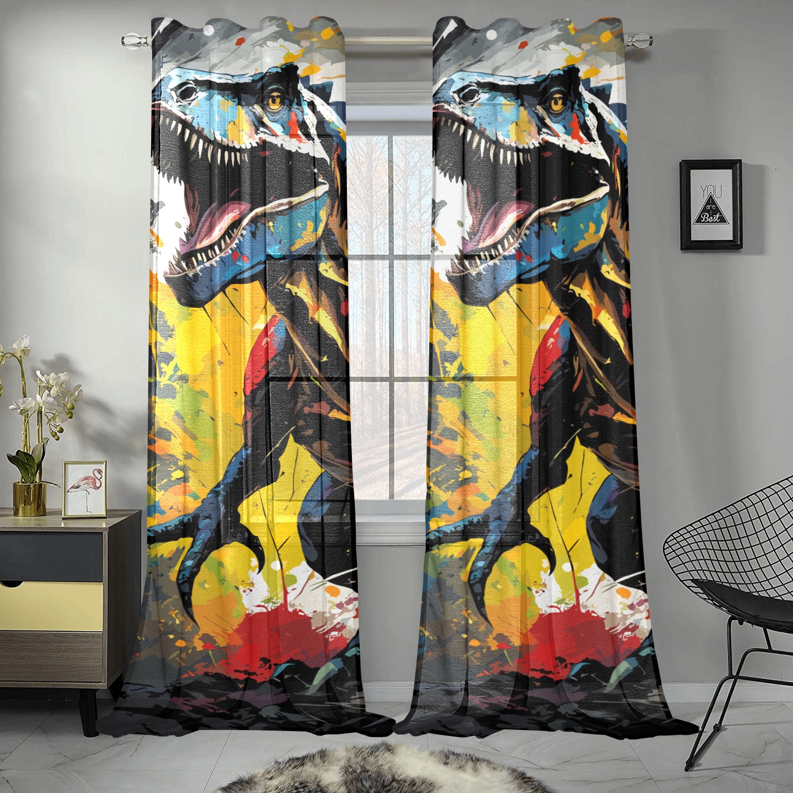 Cool dinosaur rex raptor, colorful fantasy art Gauze Curtain 28"x95 ...