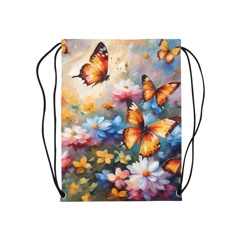 Butterflies over colorful flowers. Fantasy garden Medium Drawstring Bag ...