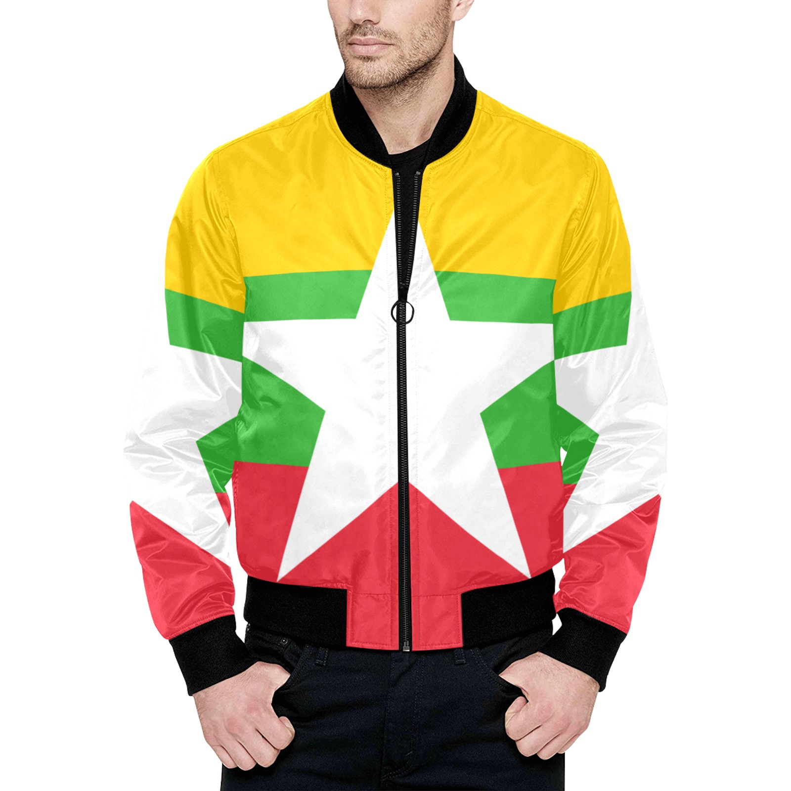 Flag_of_Myanmar.svg All Over Print Quilted Bomber Jacket for Men (Model ...