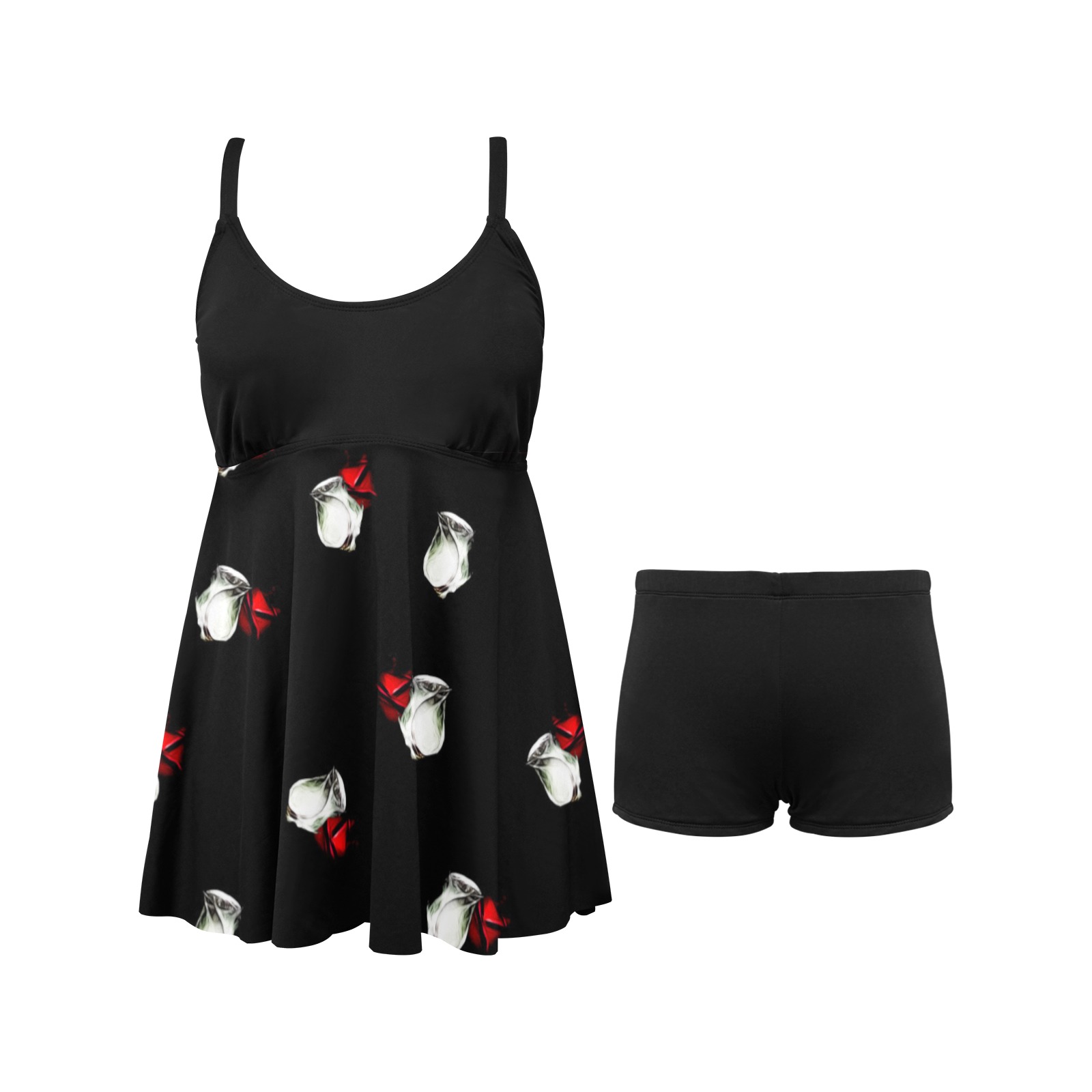 White and Red Roses Chest Pleat Swim Dress (Model S31) | ID: D6639688