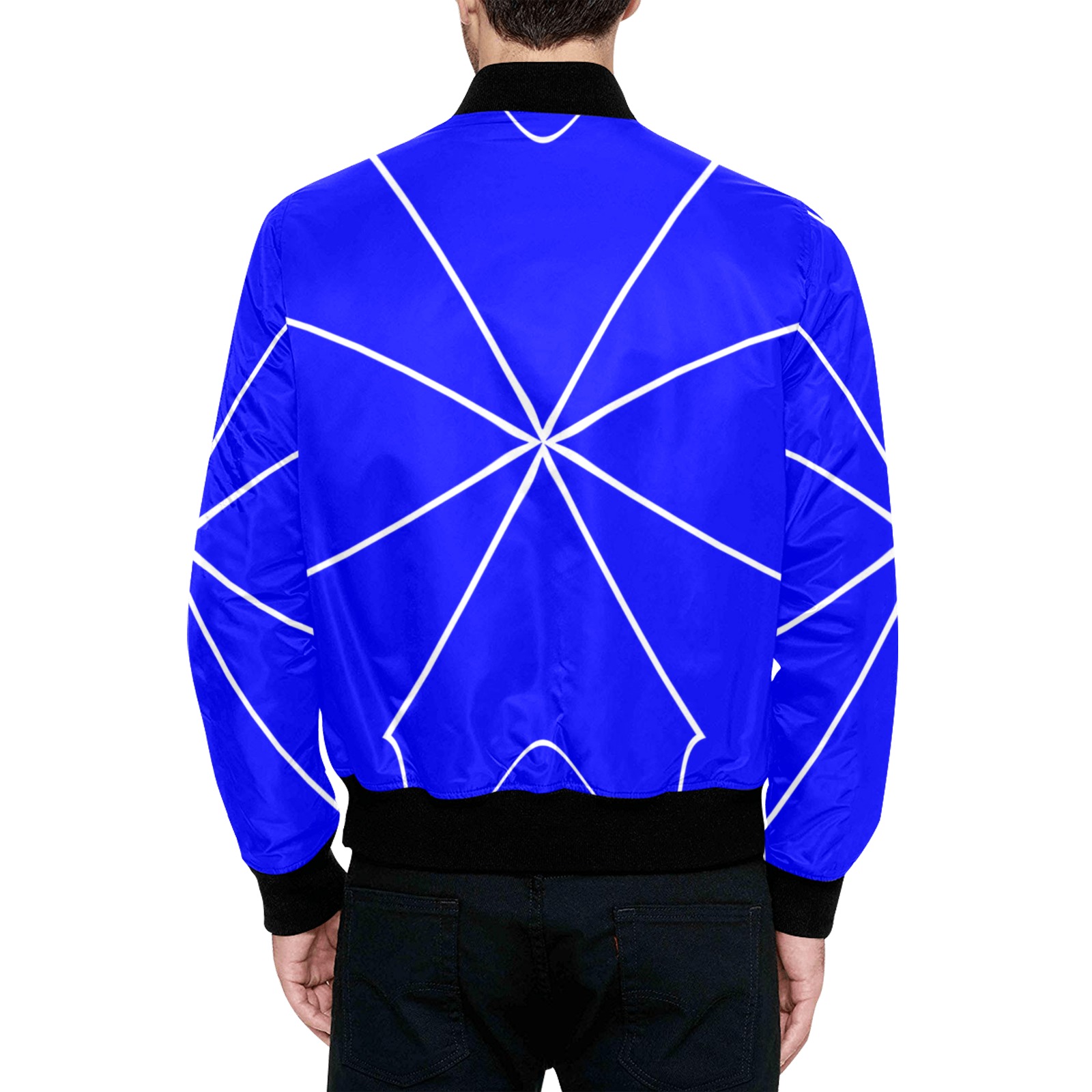 White Interlocking Triangles Starred blue All Over Print Quilted Bomber ...