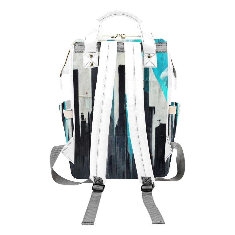 graffiti buildings black white and turquoise 1 Multi-Function Diaper Backpack/Diaper Bag (Model ...