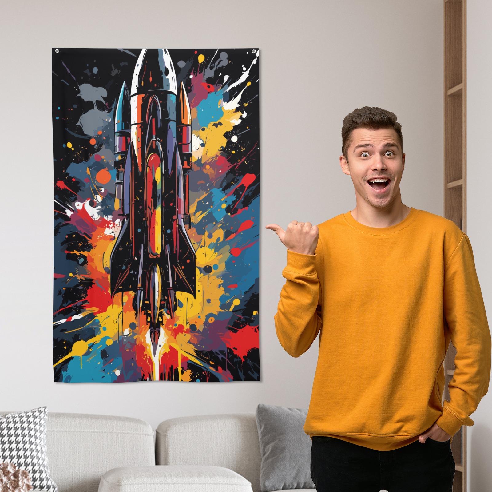 Awesome art of a cool rocket. Abstract art on dark House Flag 34.5"x56 ...