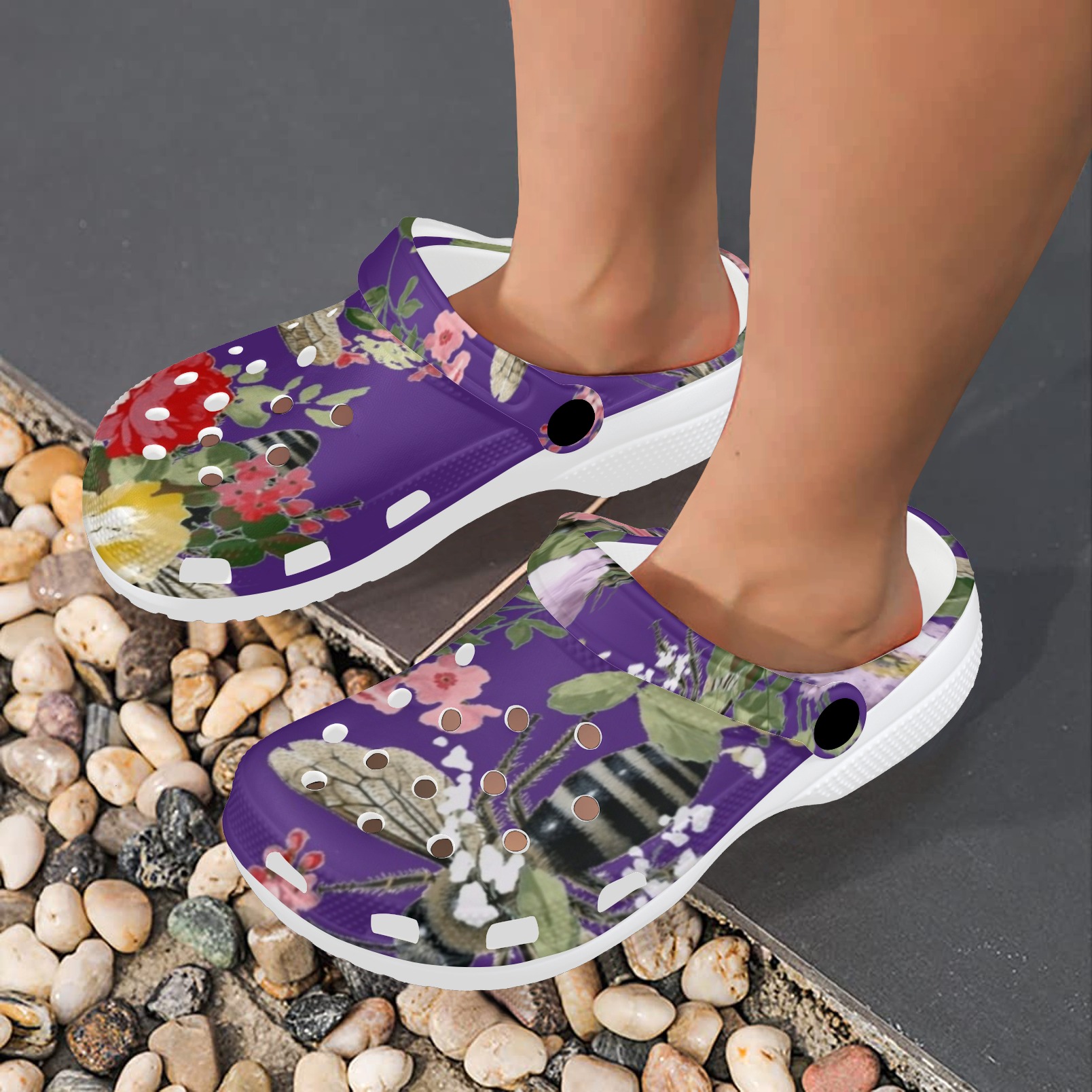 Purple Bees and Flowers Custom Print Foam Clogs for Adults | ID: D6946356