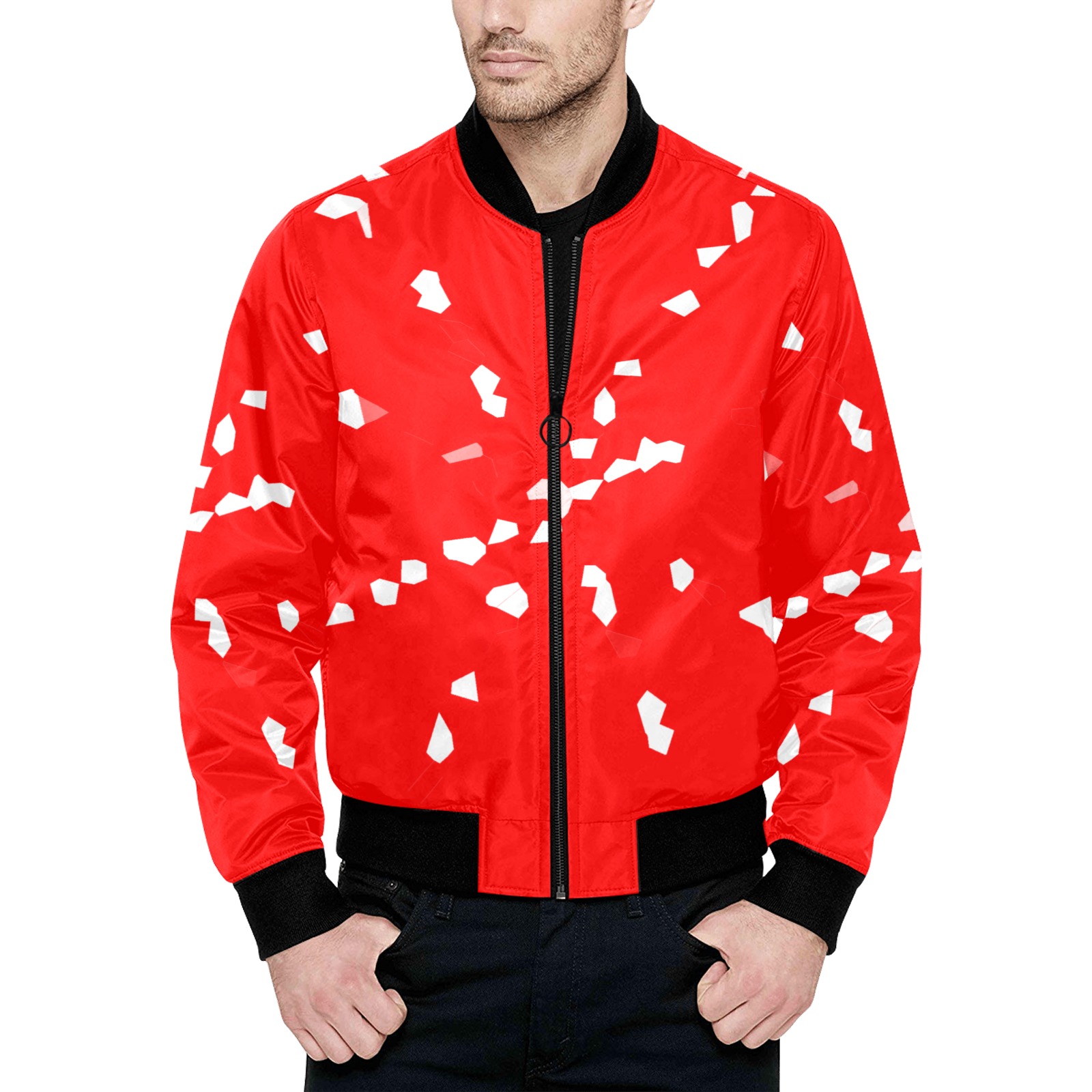 White Interlocking Triangles Mosaic red All Over Print Quilted Bomber ...
