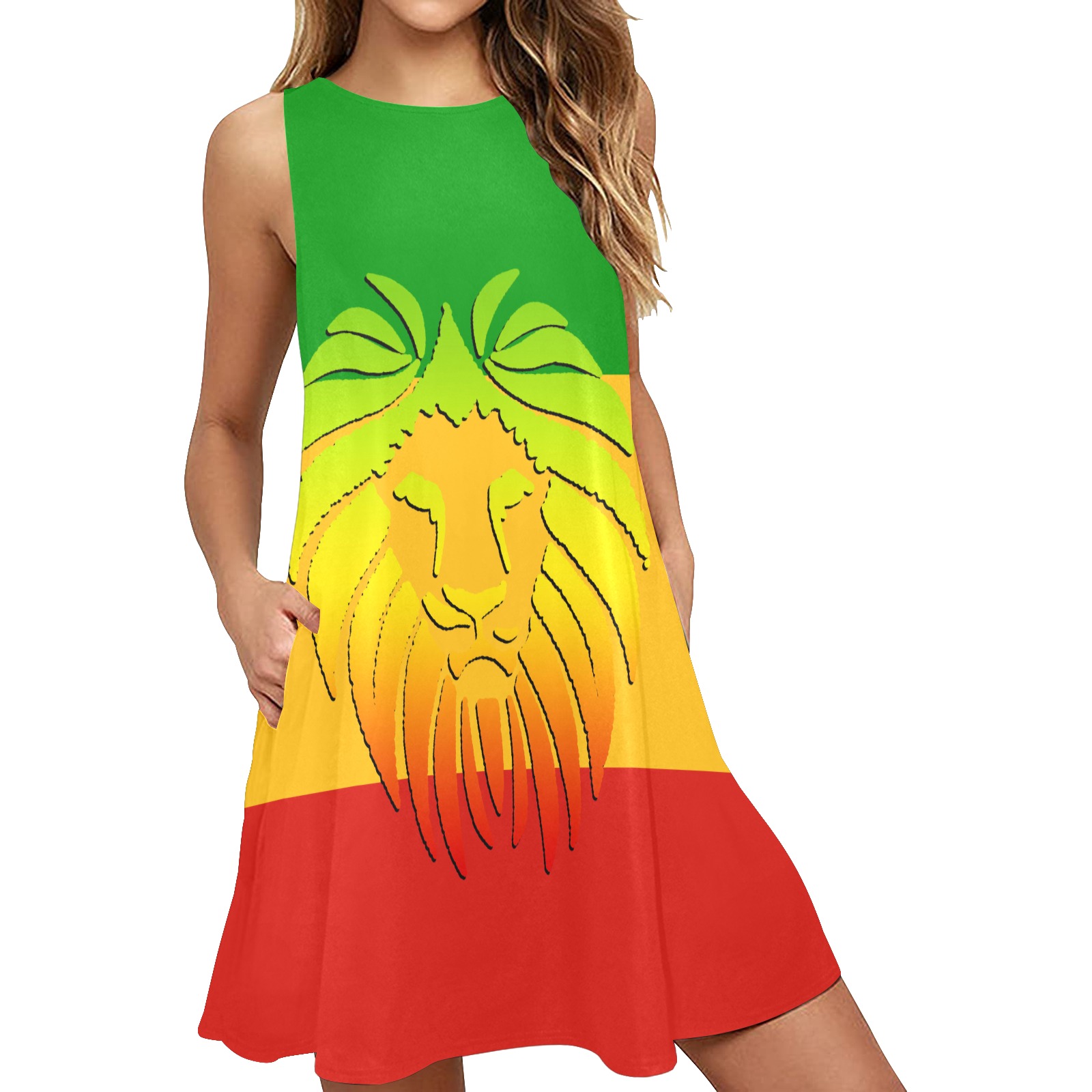 Rastafari Lion Flag green yellow red Sleeveless A-Line Pocket Dress ...