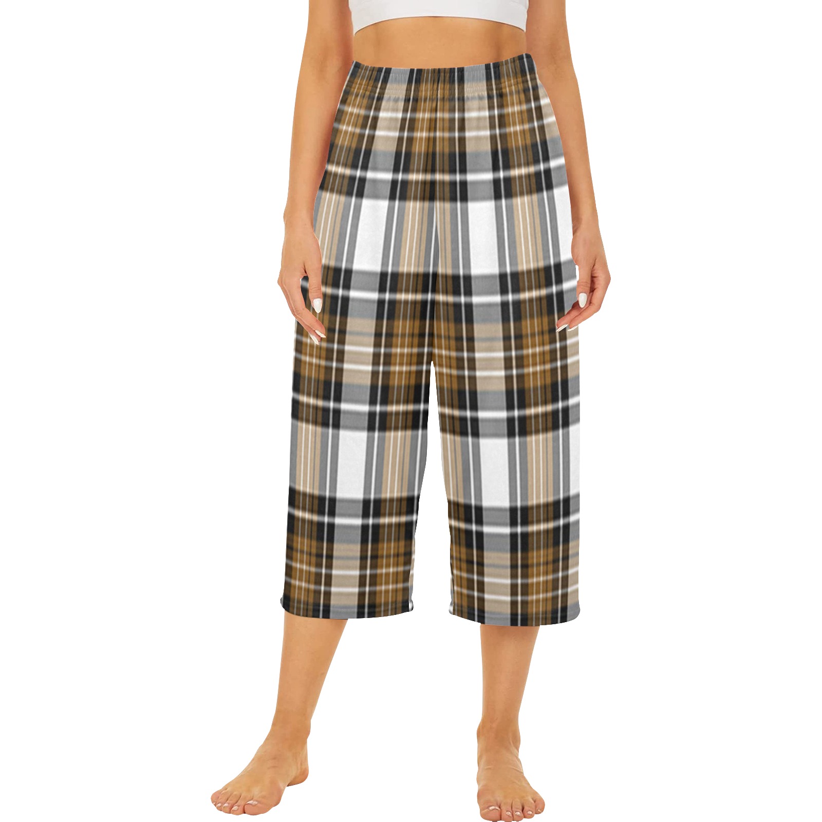 Brown Black Plaid Cropped Pajama Pants (Model L66) | ID: D6429095